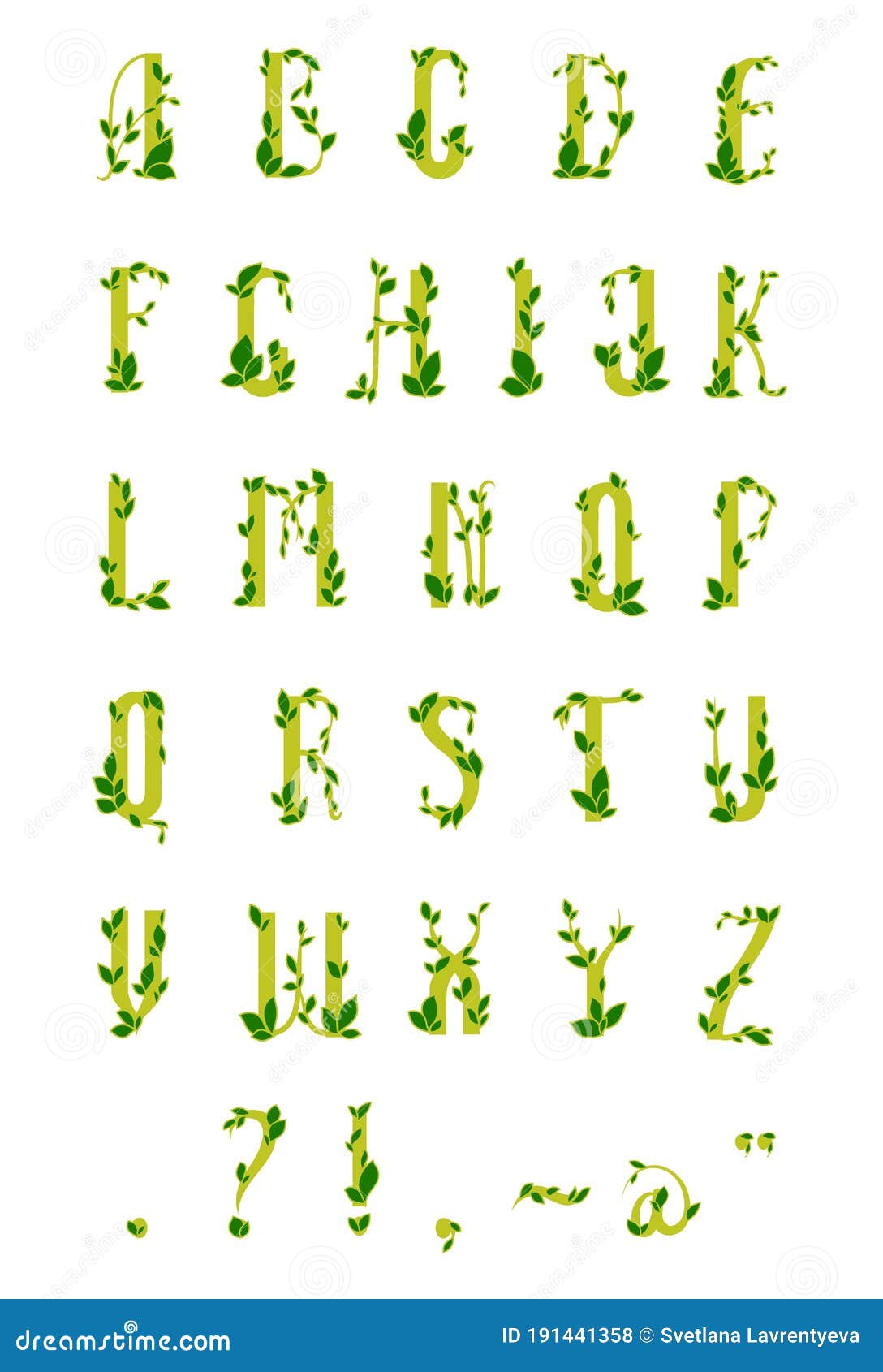Vector Green Alphabet. Letters with Green Leaves, Vector Letters with ...