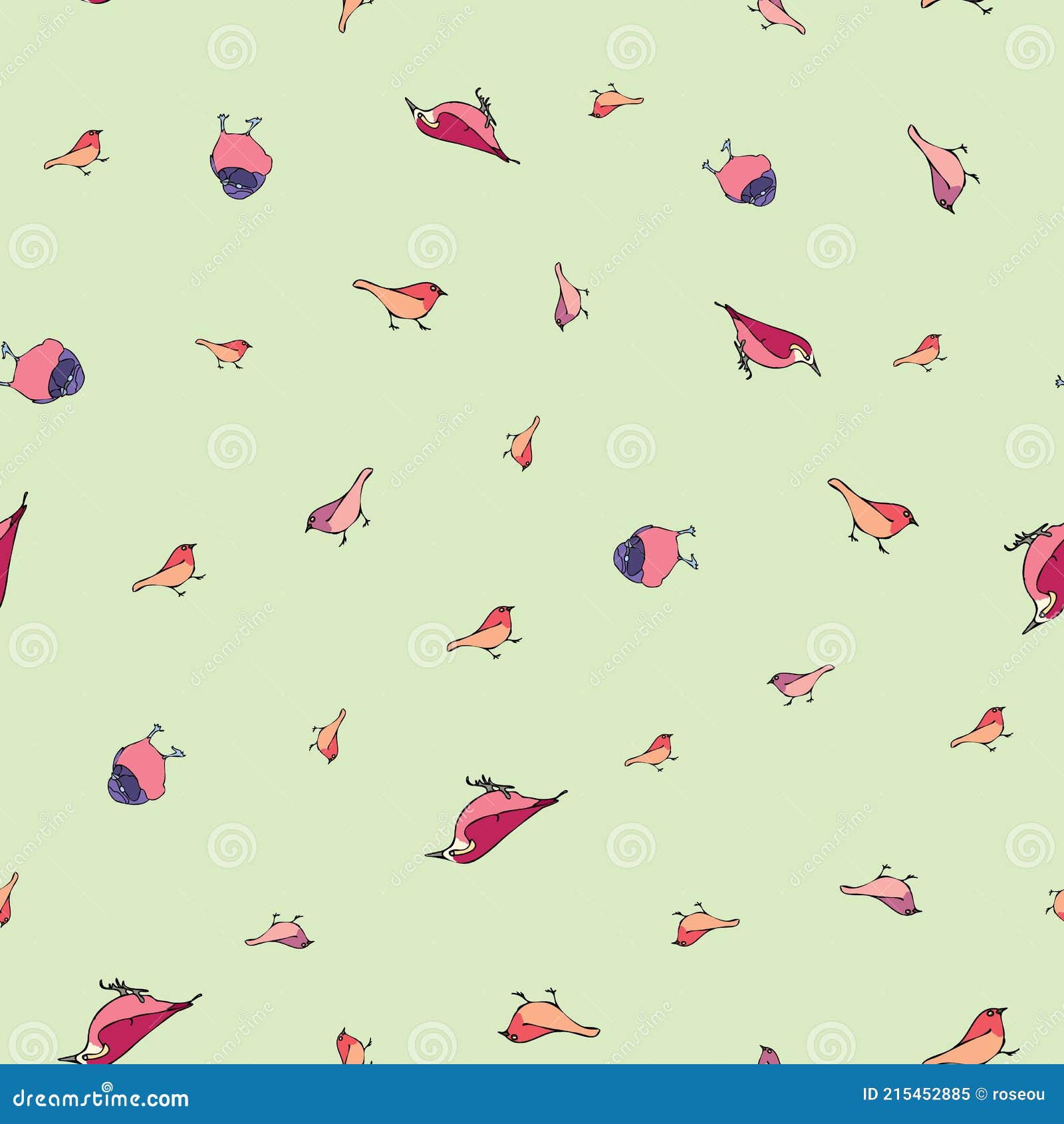 Vector Green Background Various Red Birds Seamless Pattern. Purple ...
