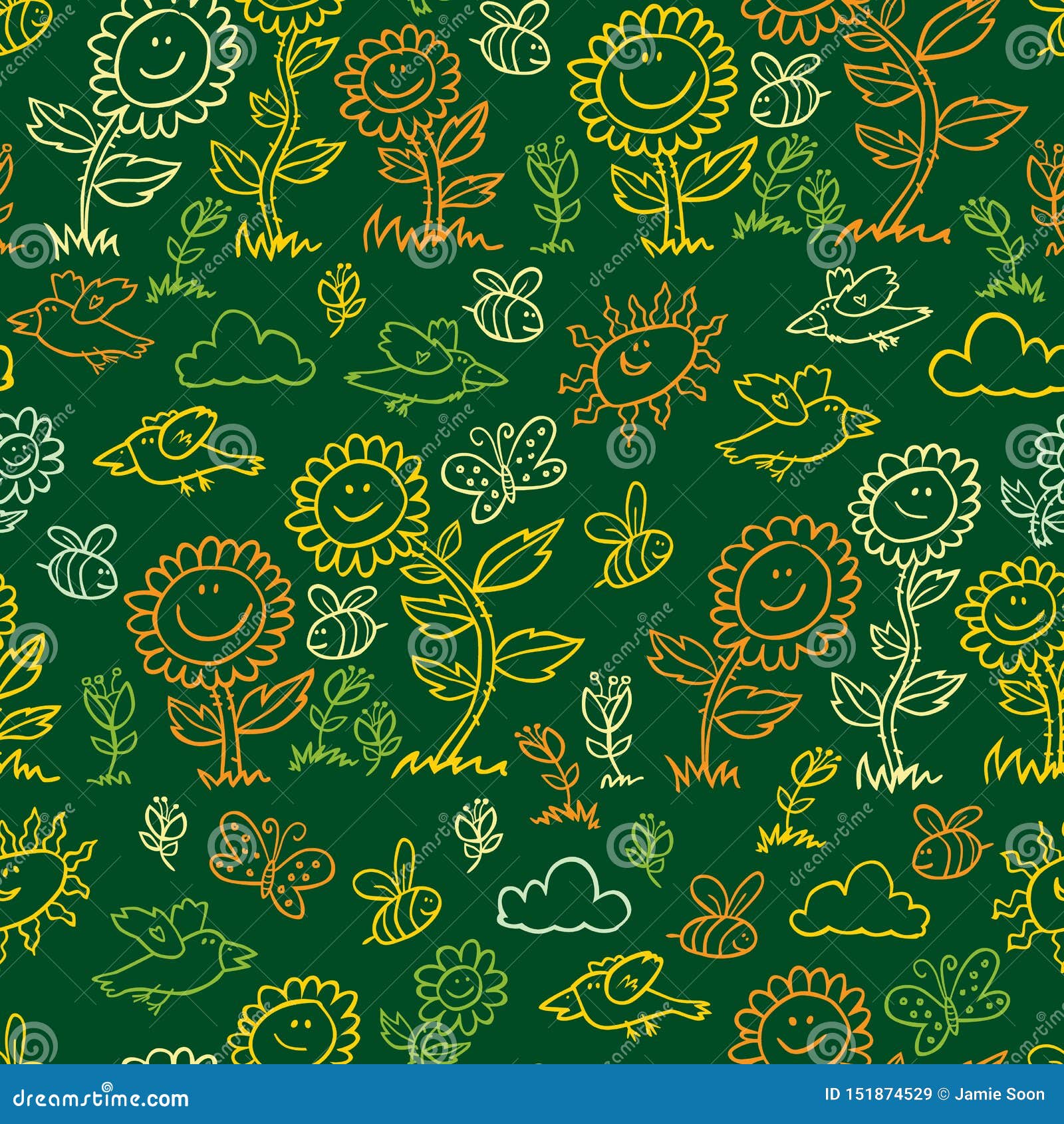 Vector Green Chalkboard Style Sunflowers, Birds and Bees Repeat Pattern ...