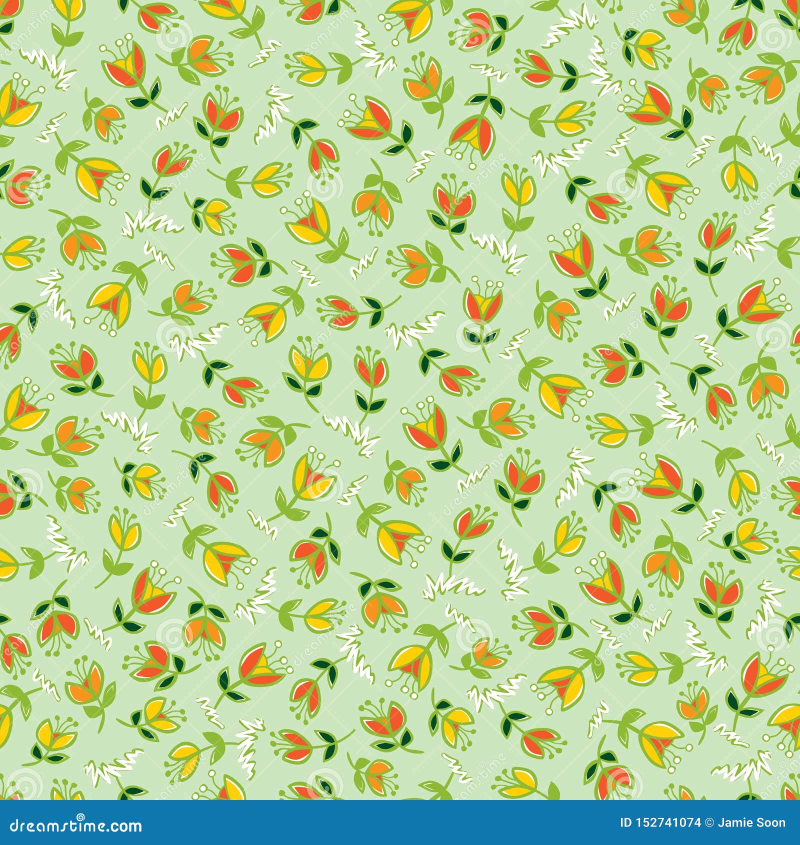 Vector Green Colorful Hand Drawn Tulip Flowers Repeat Pattern. Suitable ...