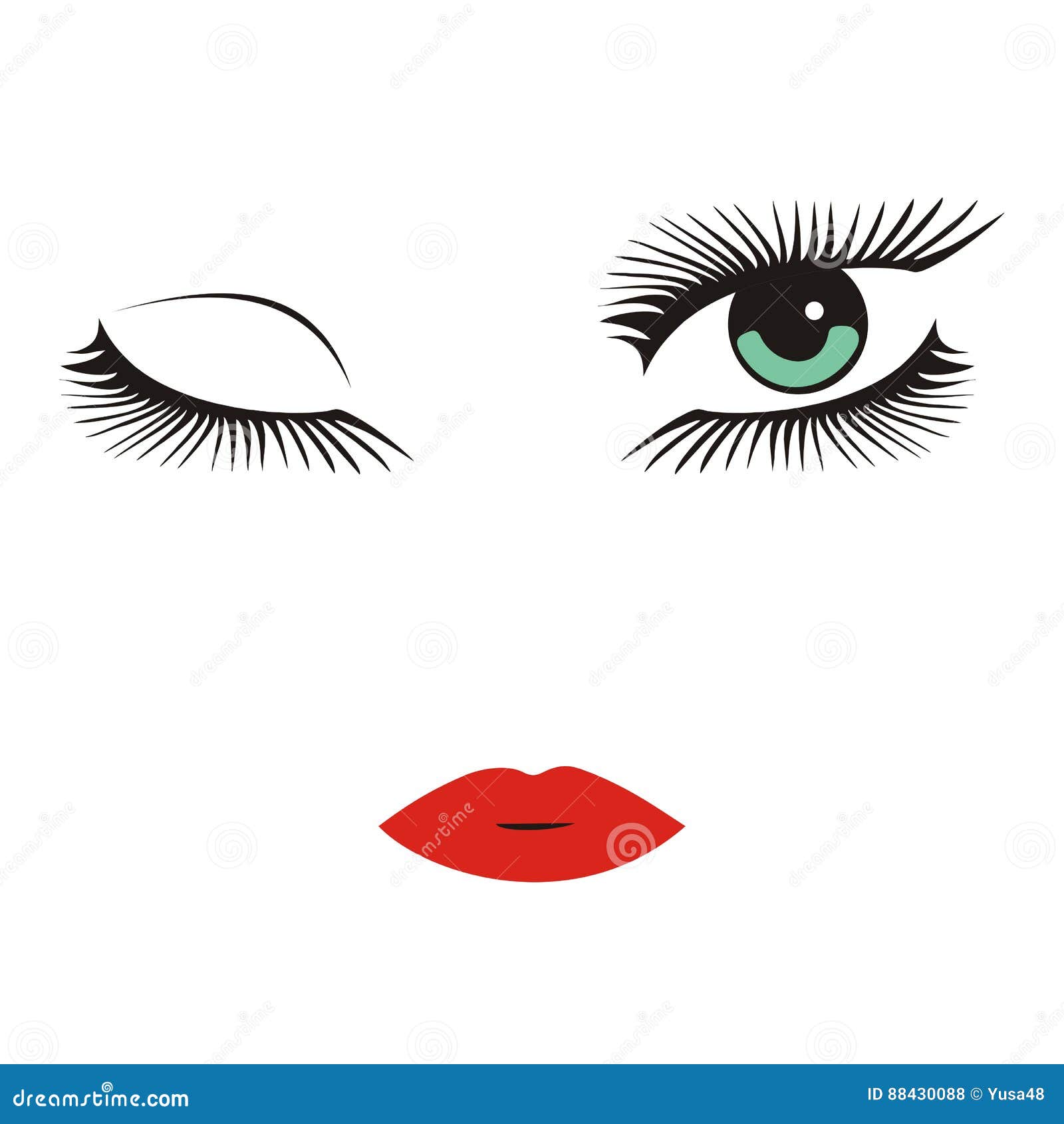 Vector Green Eyes with Long Lashes Winking. Red Lips Stock Vector ...