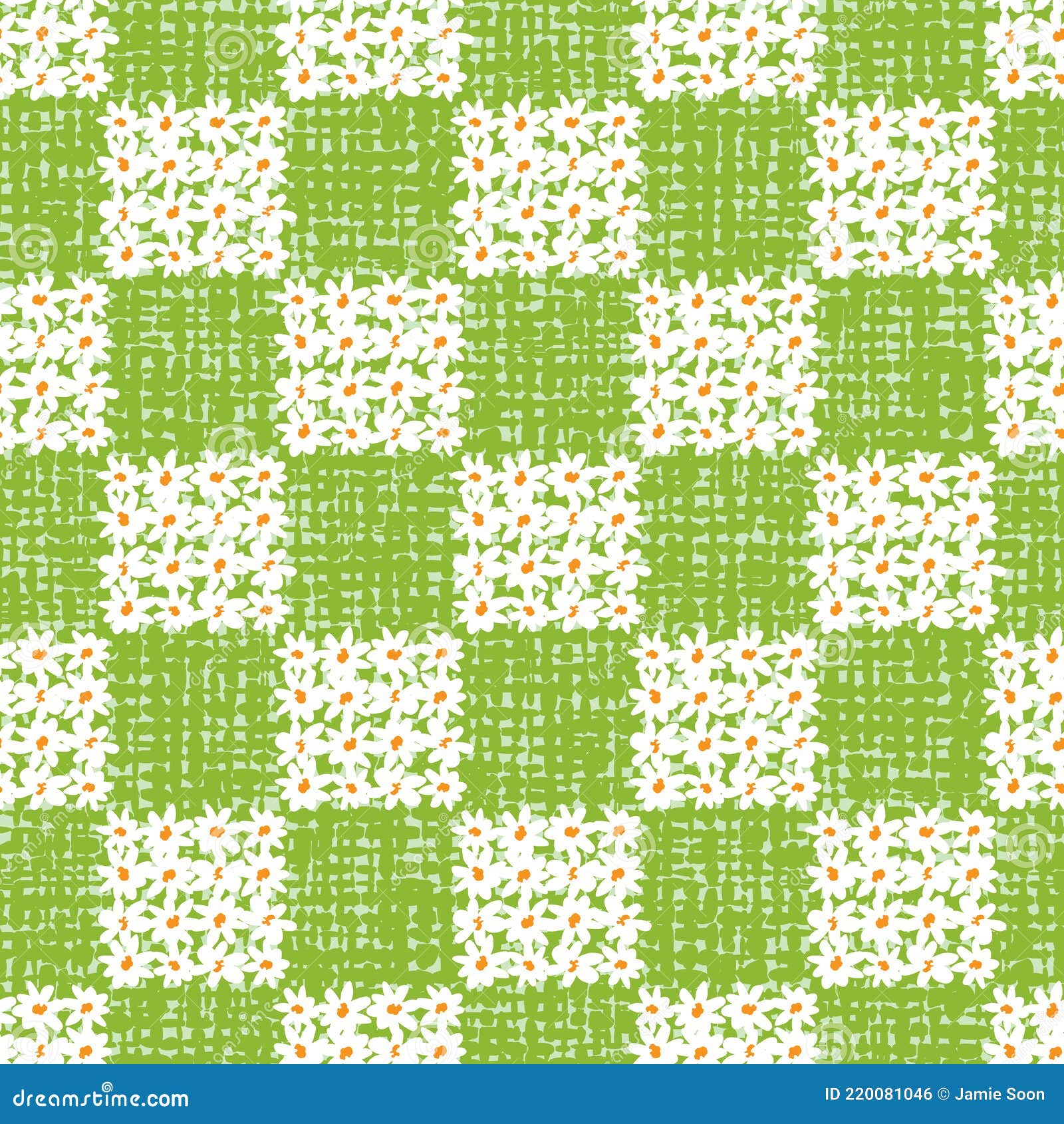 Vector Green Fun Daisy Flowers Chequerboard Squares Repeat Pattern with ...