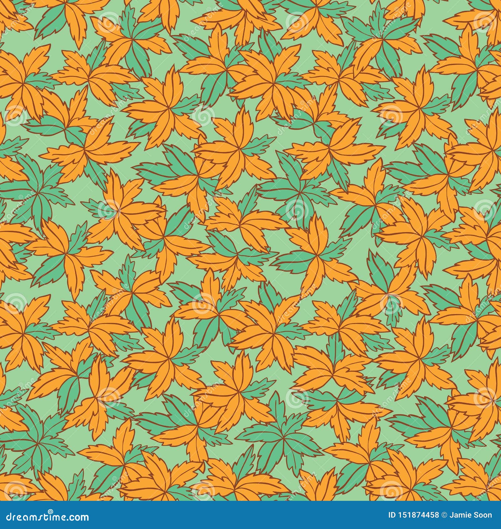 Vector Green and Orange Hand Drawn Leaves Repeat Pattern. Suitable for ...