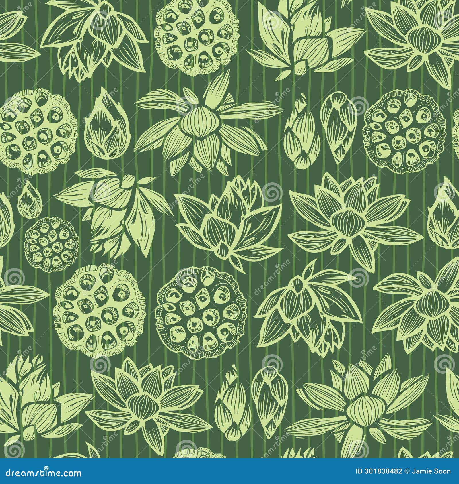 Vector Green Rows of Lotus Flower, Leaf and Seed Pods 07 Repeat Pattern ...