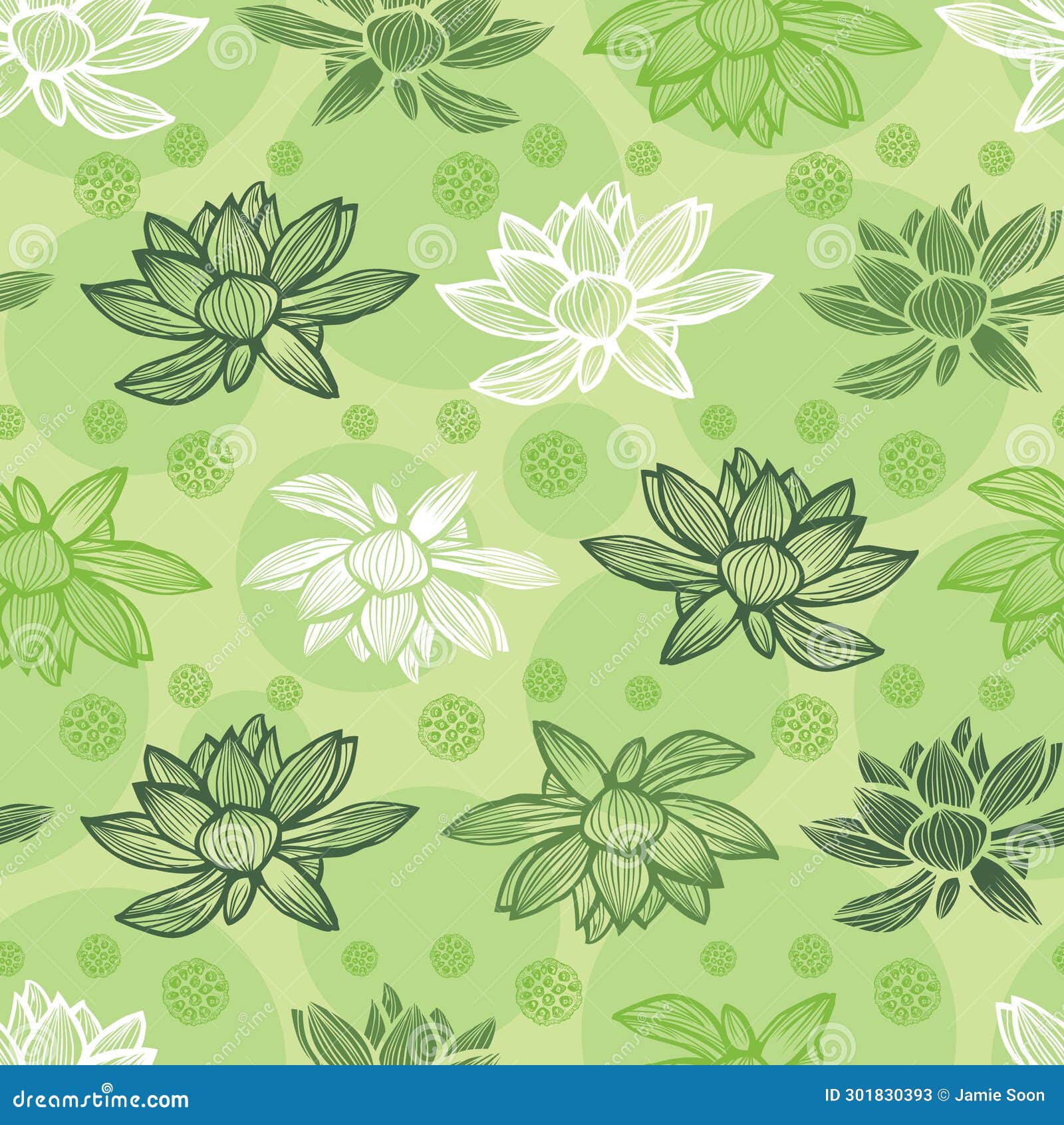 Vector Green Rows of Lotus Flower and Seed Pods Repeat Pattern 04 ...