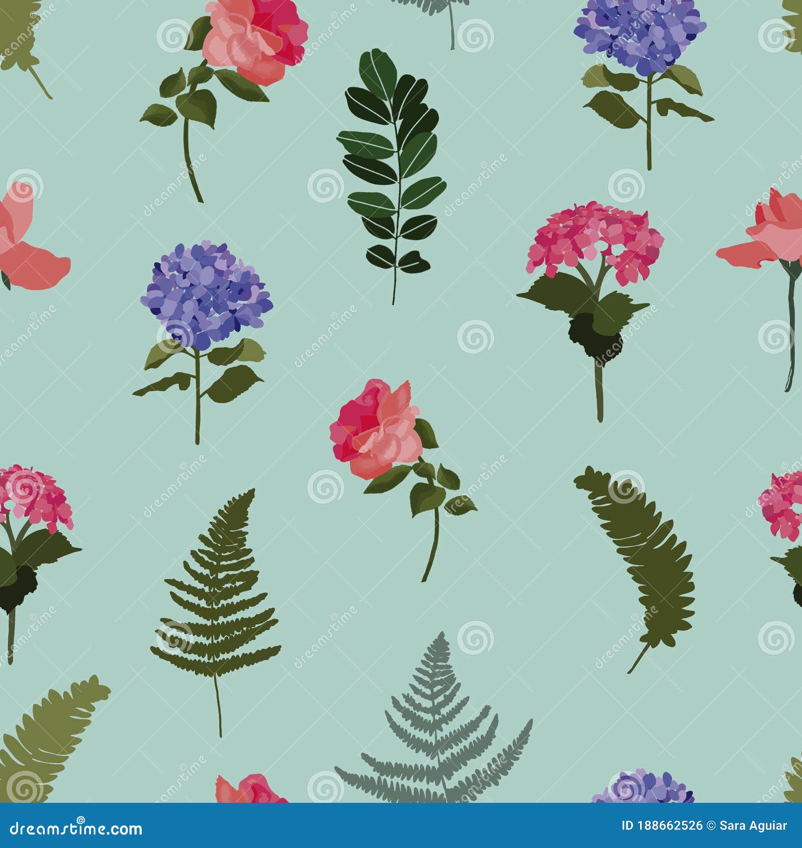 Vector Green Seamless Pattern Background with Flowers. Stock Vector ...