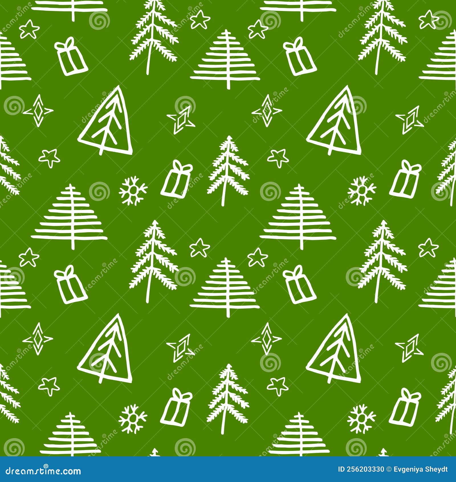 Vector Green Seamless Pattern of White Christmas Tree and Christmas ...