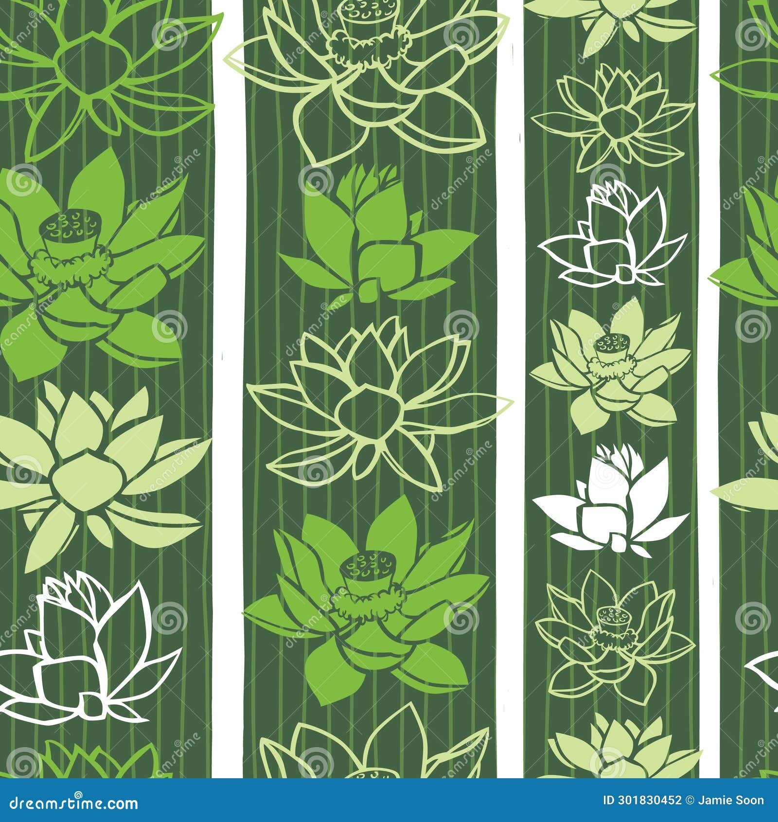Vector Green Vertical Rows of Lotus Flowers Stripes 05 Repeat Pattern ...