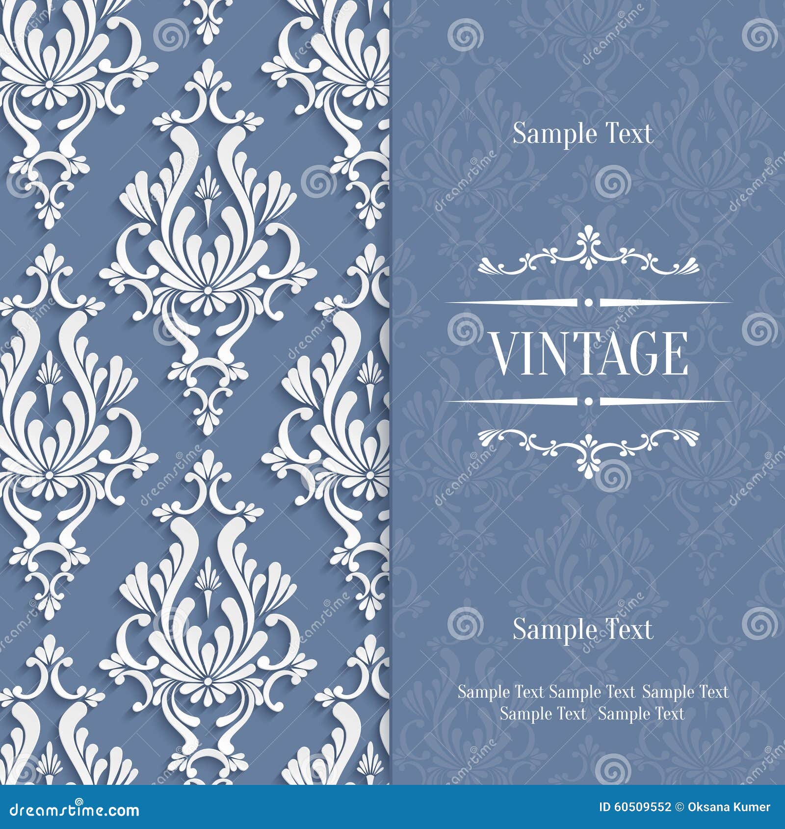 Vector Grey 3d Vintage Invitation Card with Floral Damask Pattern Stock ...