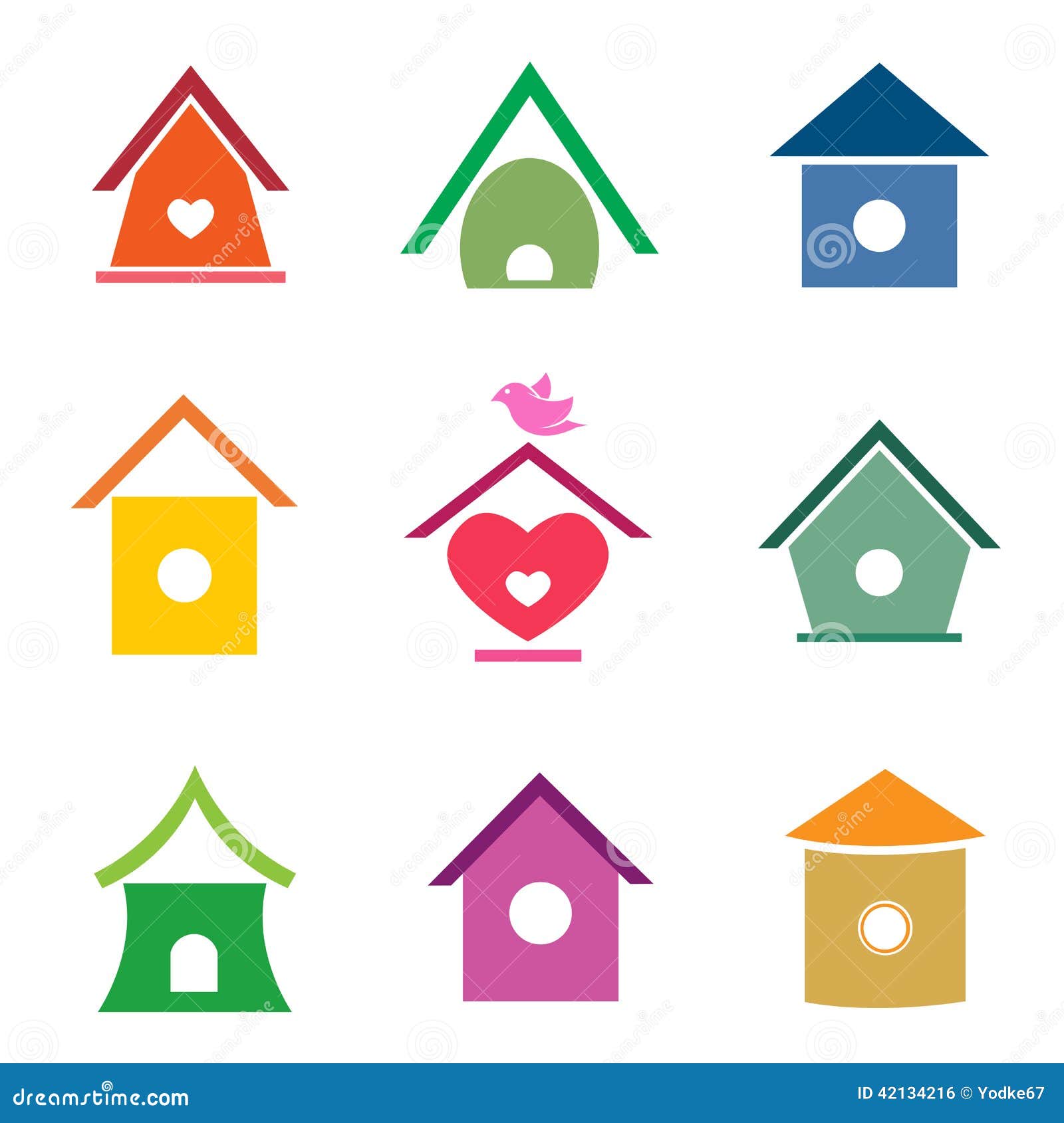 Bird Houses Set. Cute Spring Birdies At Wood Homes With Perches And ...