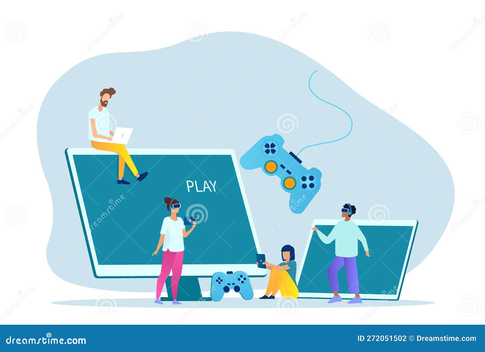 Vector Of A Group Of Gamers Playing On Different Devices, Mobile Phone ...