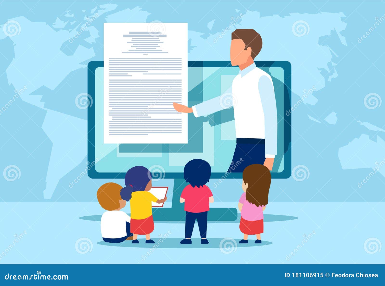 Vector of a Group of Kids Watching Online Teacher Class on Computer ...