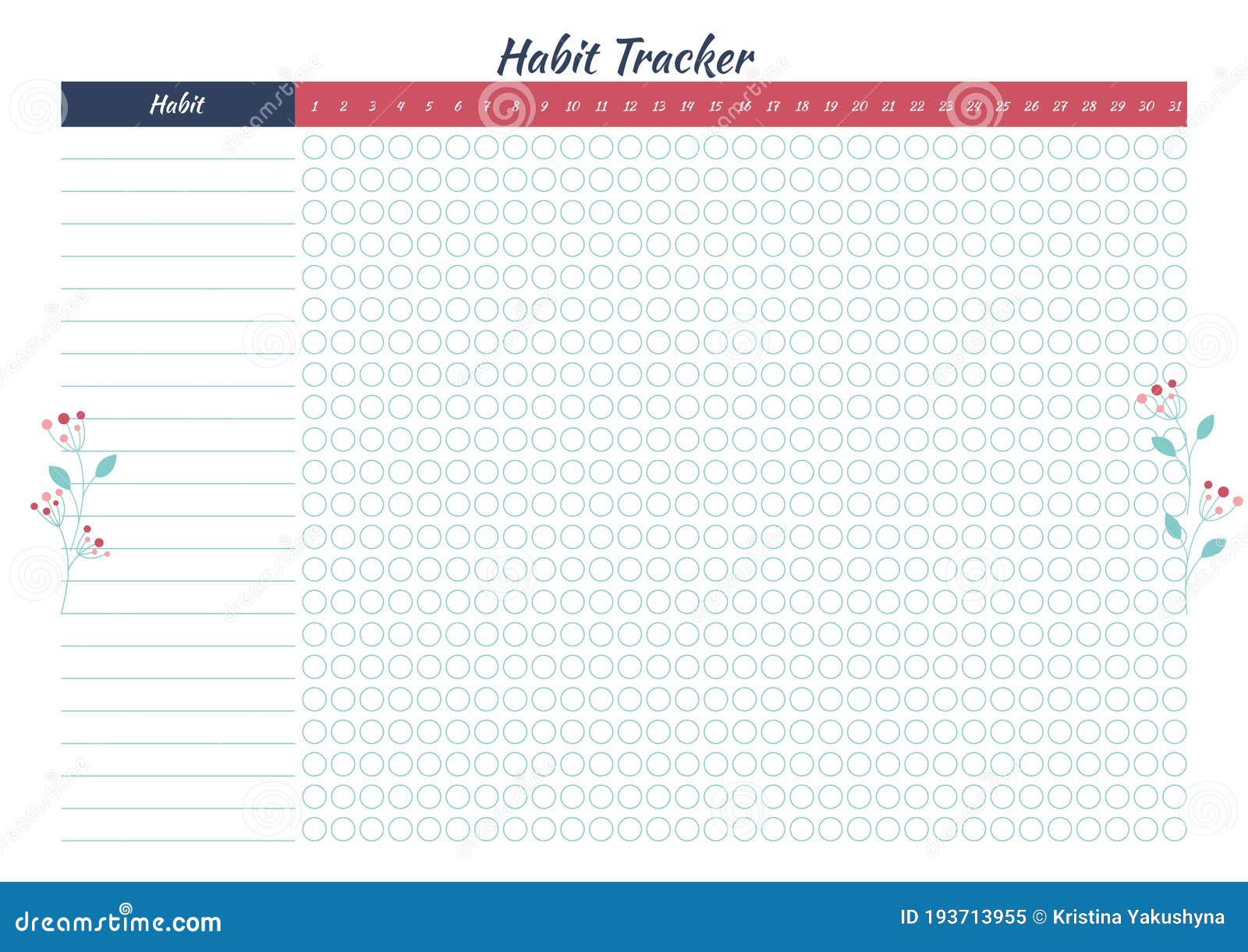 Vector Habit Tracker with Minimalistic Floral Design Stock Image ...