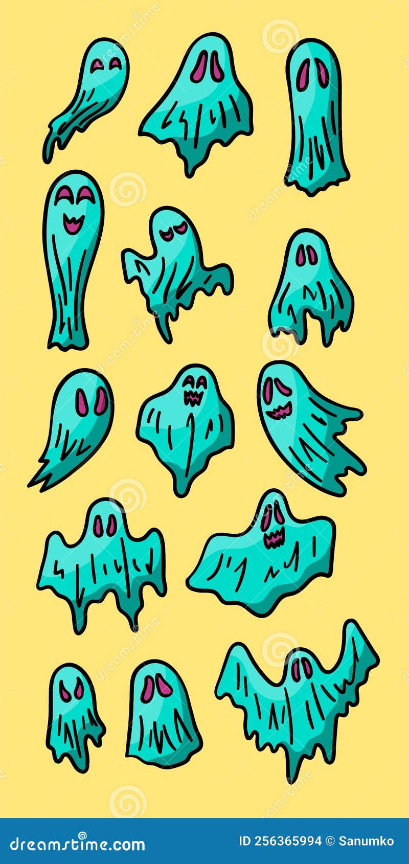 Vector Halloween Hand Drawn Doodle Objects Set of Cute Cartoony Ghosts ...
