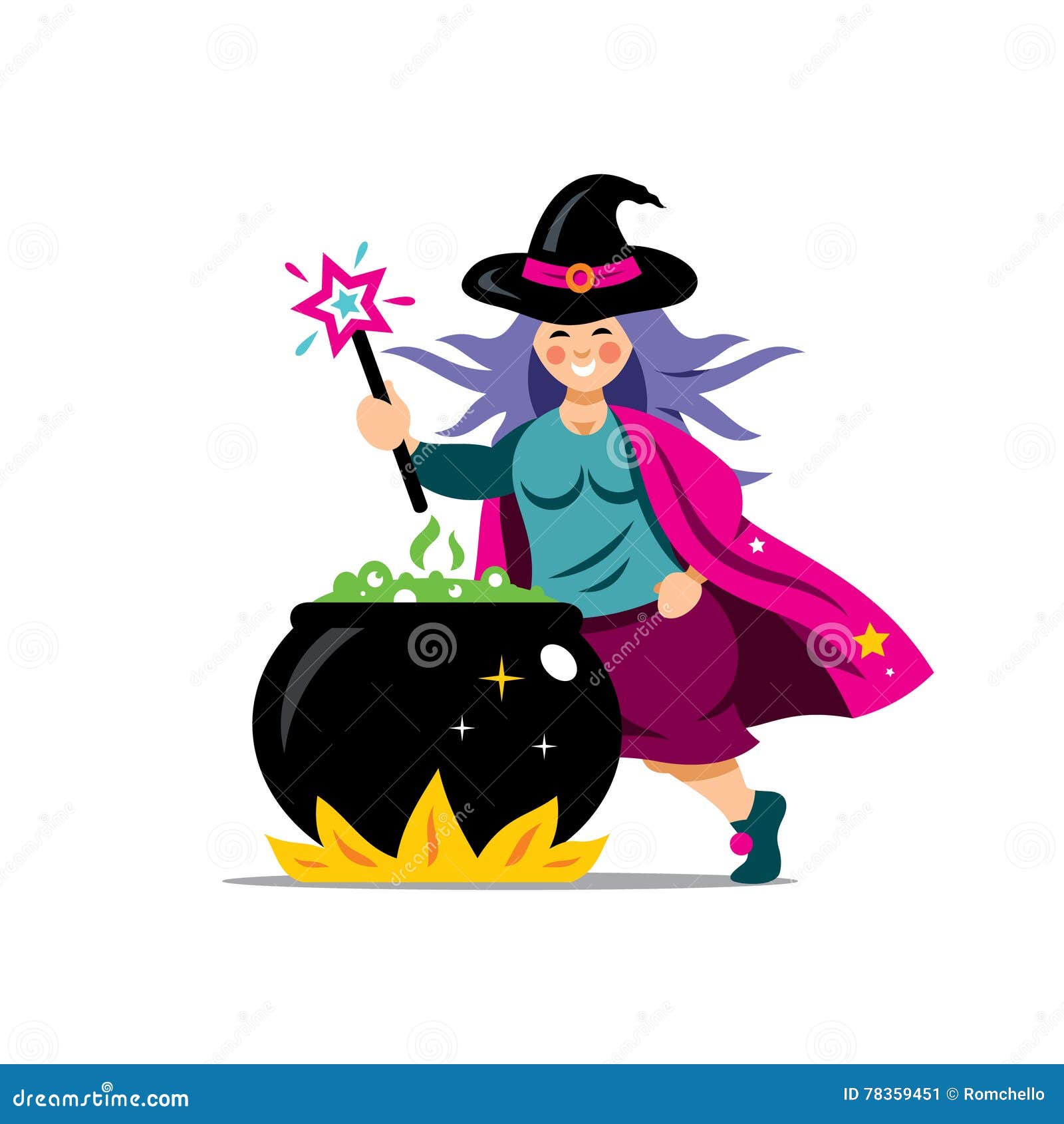 Vector Halloween Witch and Cauldron Cartoon Illustration. Stock Vector ...