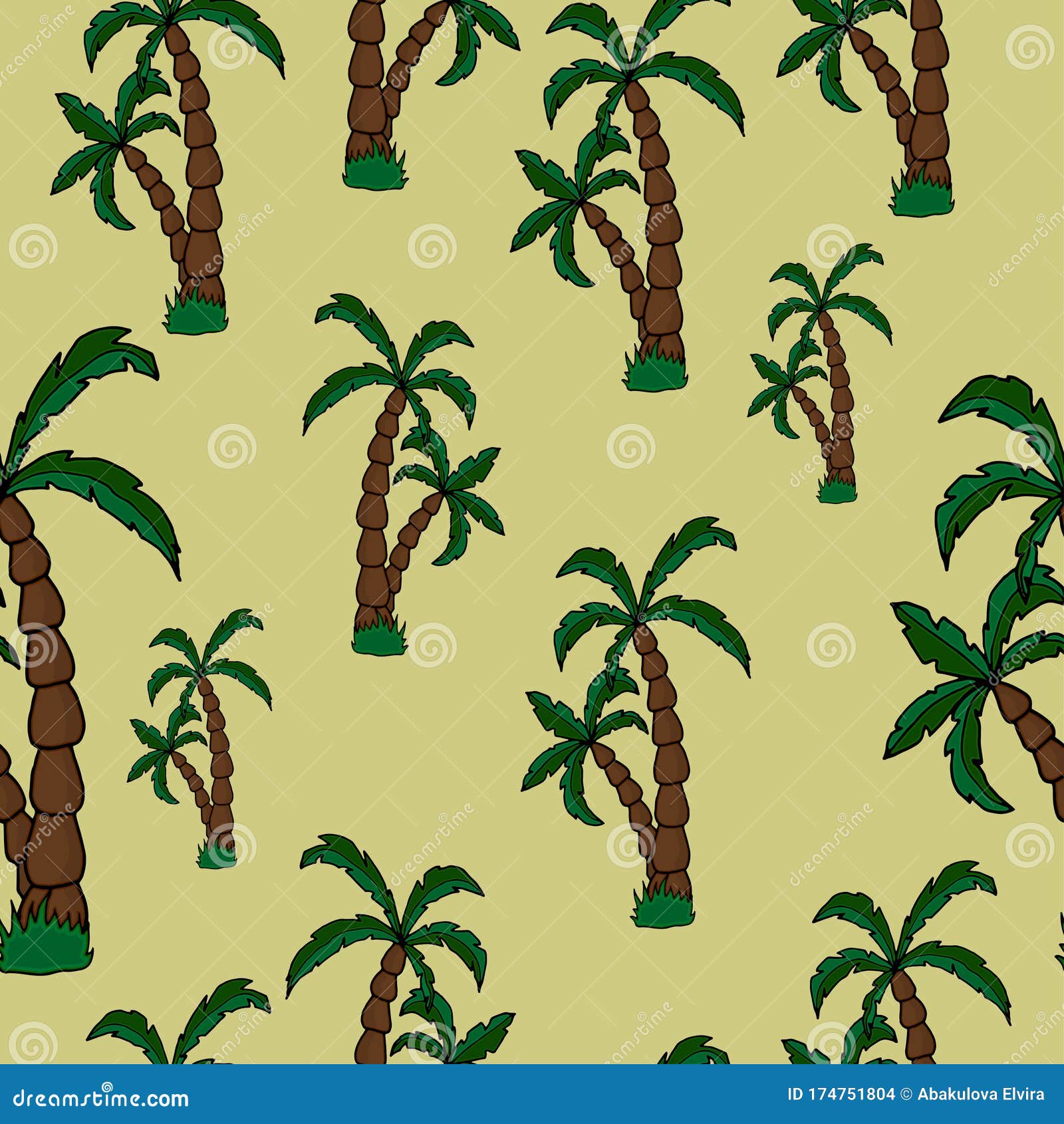 Vector Hand Draw Palm Trees on a Beautiful Background Seamless Pattern ...
