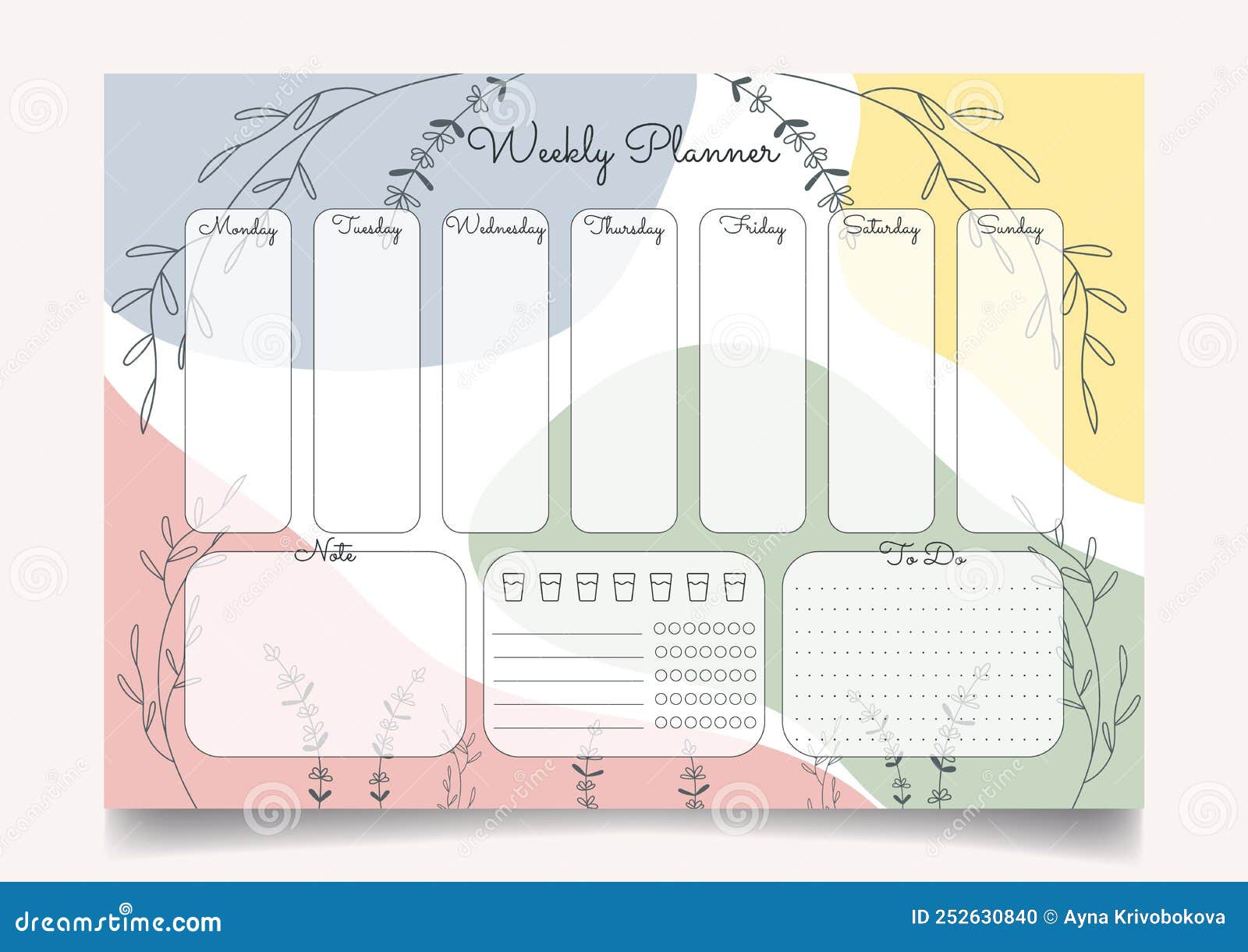 Vector Hand Draw Weekly Planner Template with Colors and Abstract ...