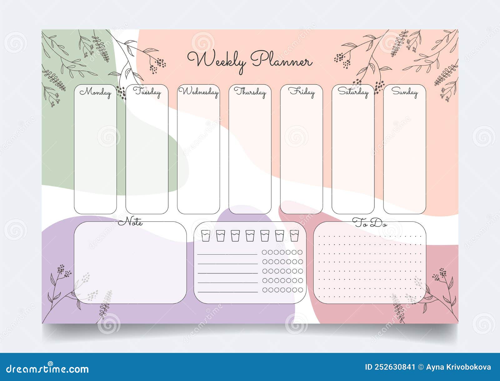 Vector Hand Draw Weekly Planner Template with Colors and Abstract ...