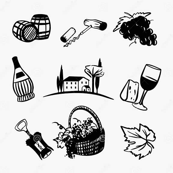 Hand Draw Wine Icons Set on White Background. Stock Vector ...