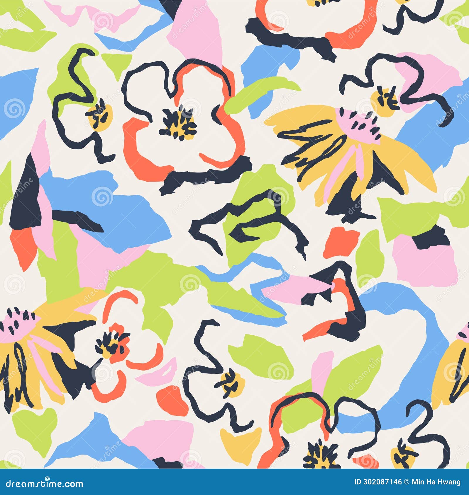 Vector Hand Drawing Abstract Flower Doodle Illustration Seamless Repeat ...