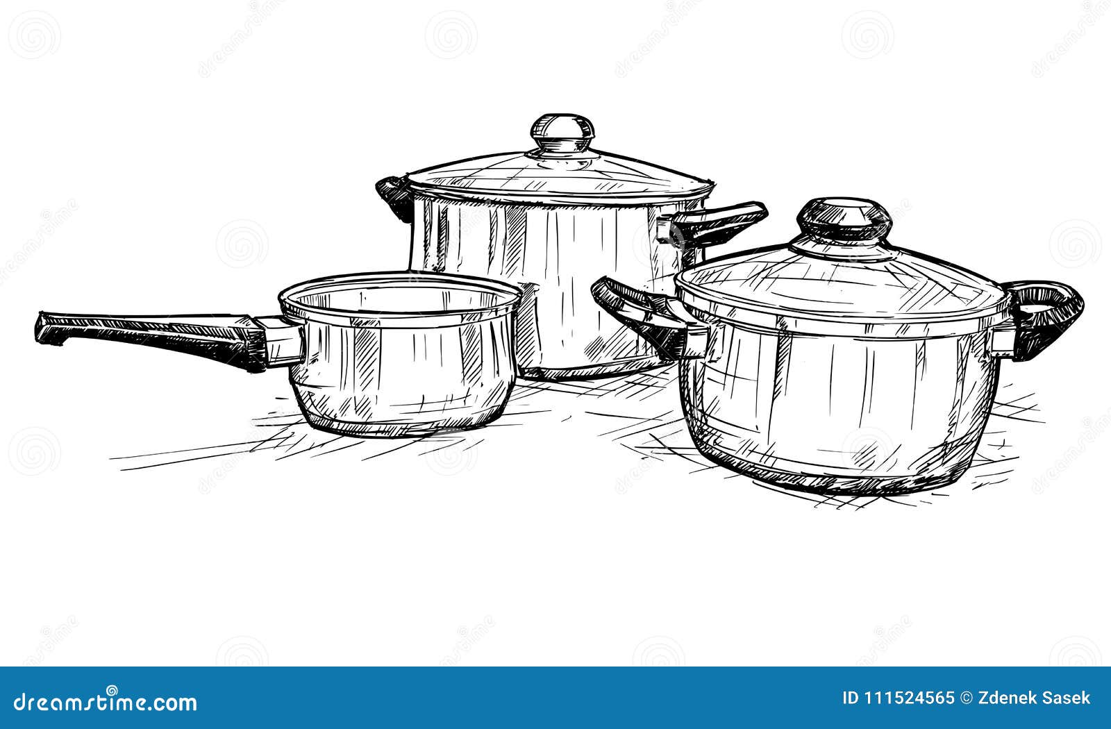 Vector Hand Drawing of Set of Cooking Pots Stock Vector - Illustration ...