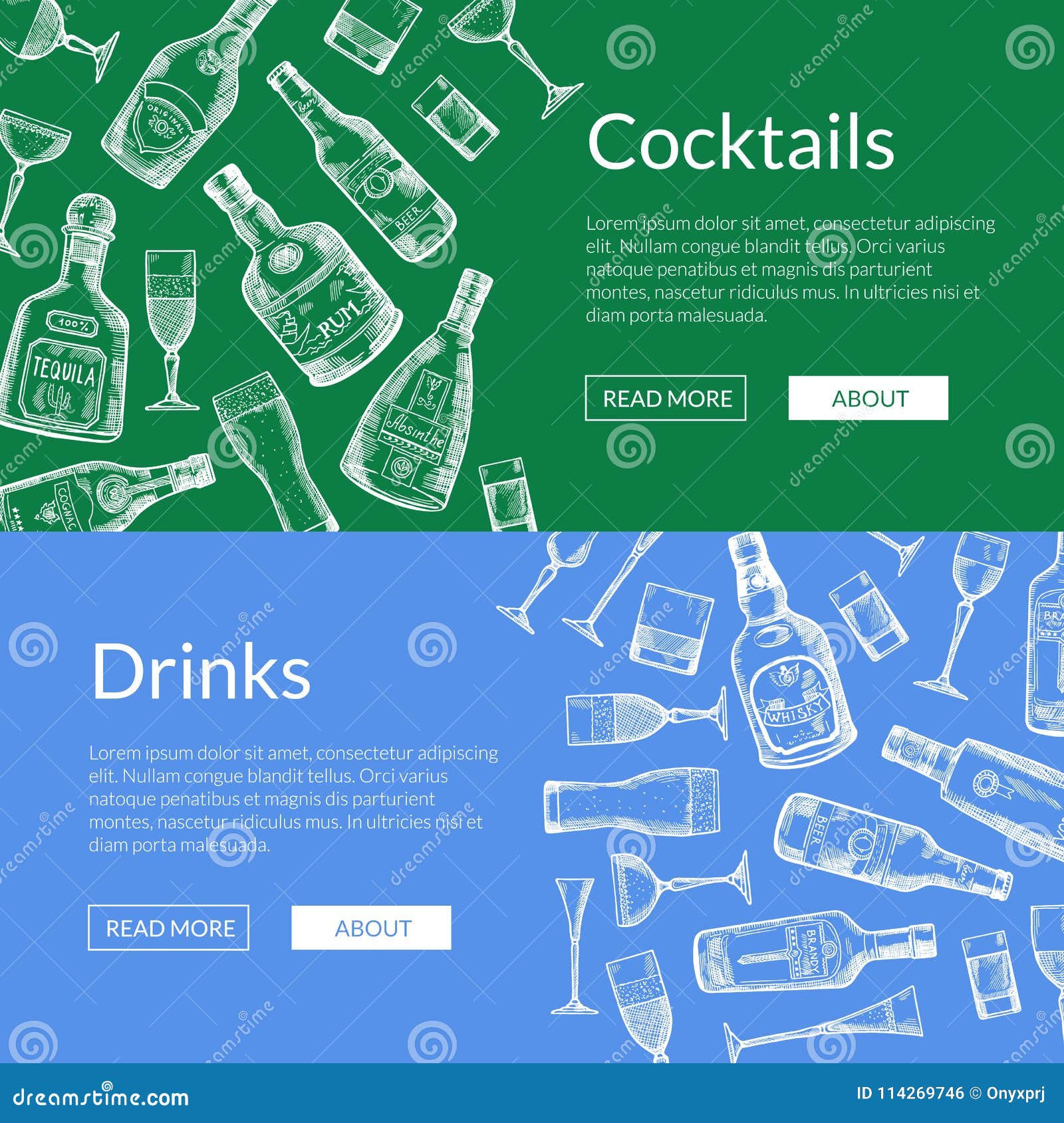 Vector Hand Drawn Alcohol Drink Bottles and Glasses Banners ...