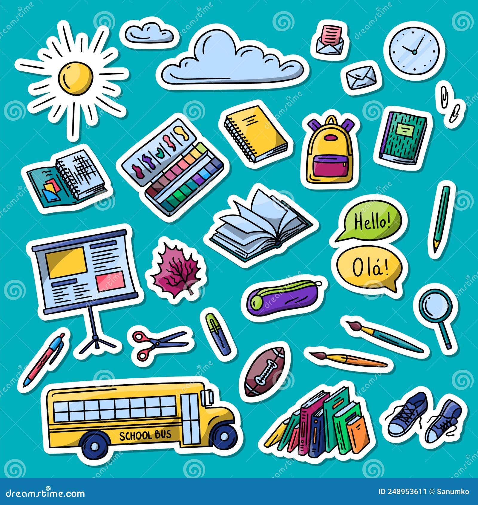 Vector Hand Drawn Back To School Colorful Doodles Sticker Set. Includes ...