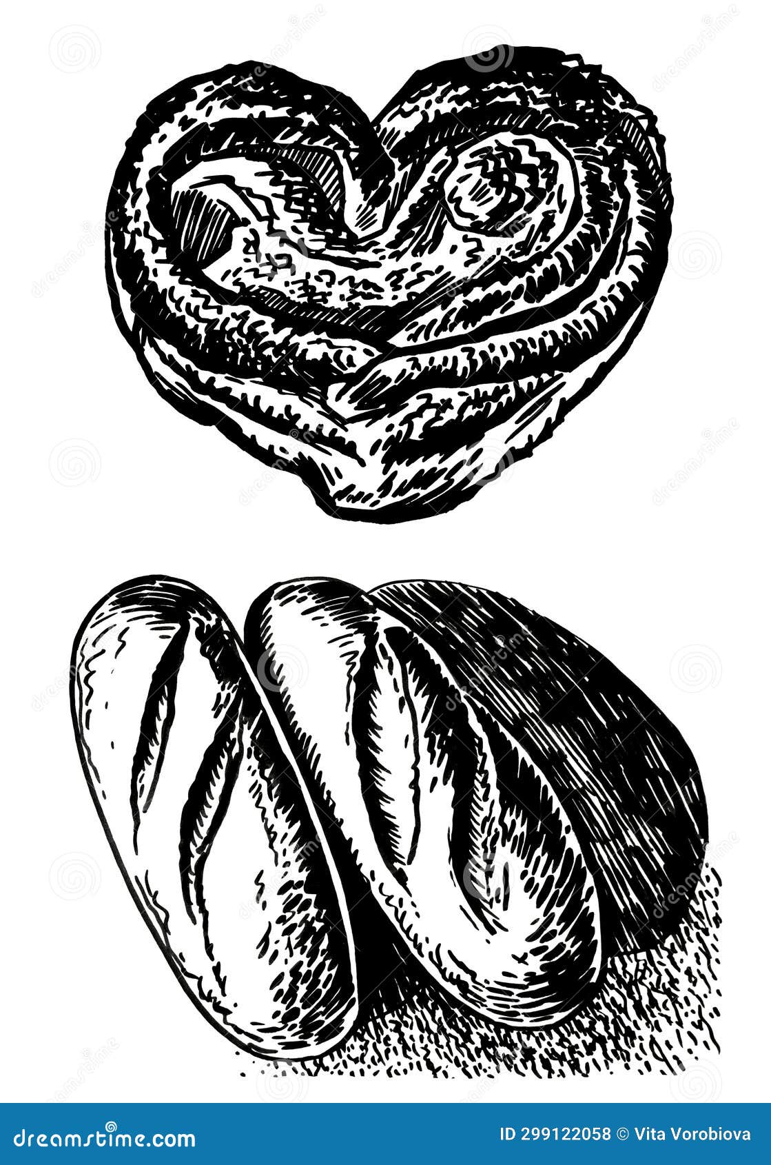 Vector Hand-drawn Bun and Bread Loaves on White Isolated, Bakery and ...