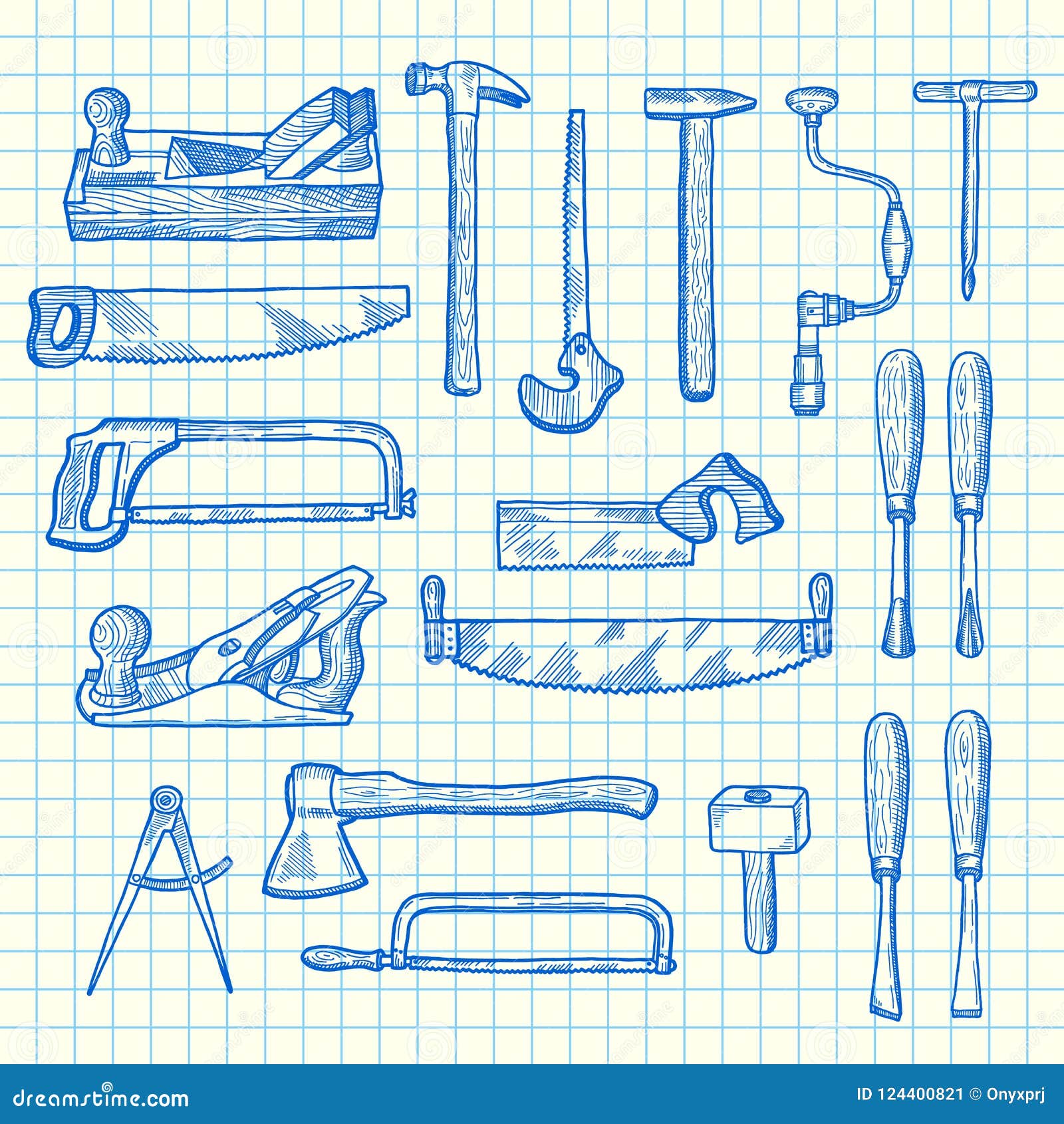Vector Hand Drawn Carpentry Elements Set on Blue Cell Sheet Background ...