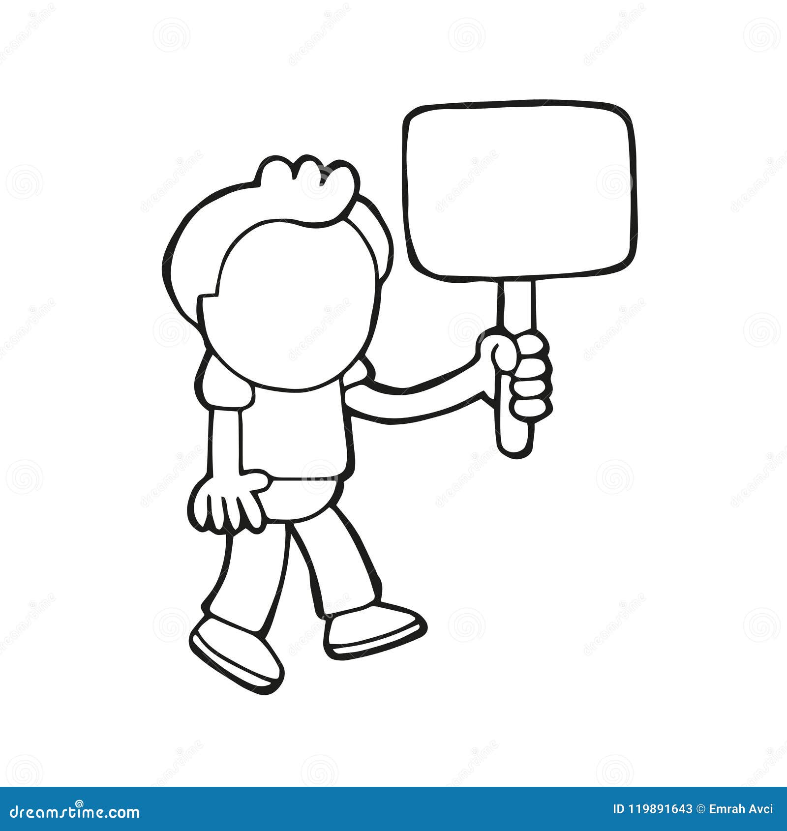 Vector Hand Drawn Cartoon Of Man Walking Holding Blank Placard Stock