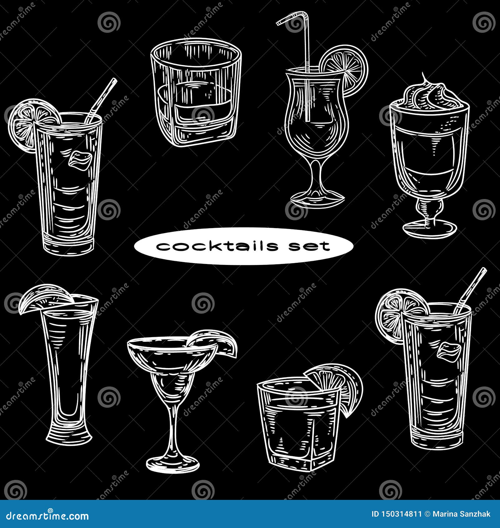 Vector Hand Drawn of Cocktails Set on Black Background. Stock Vector ... Vector Hand Drawn of Cocktails Set on Black Background. Stock Vector ...