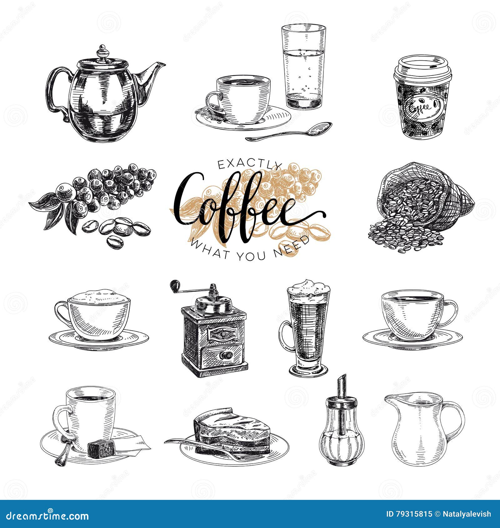 Vector Hand Drawn Coffee Set. Sketch Stock Vector - Illustration of ...