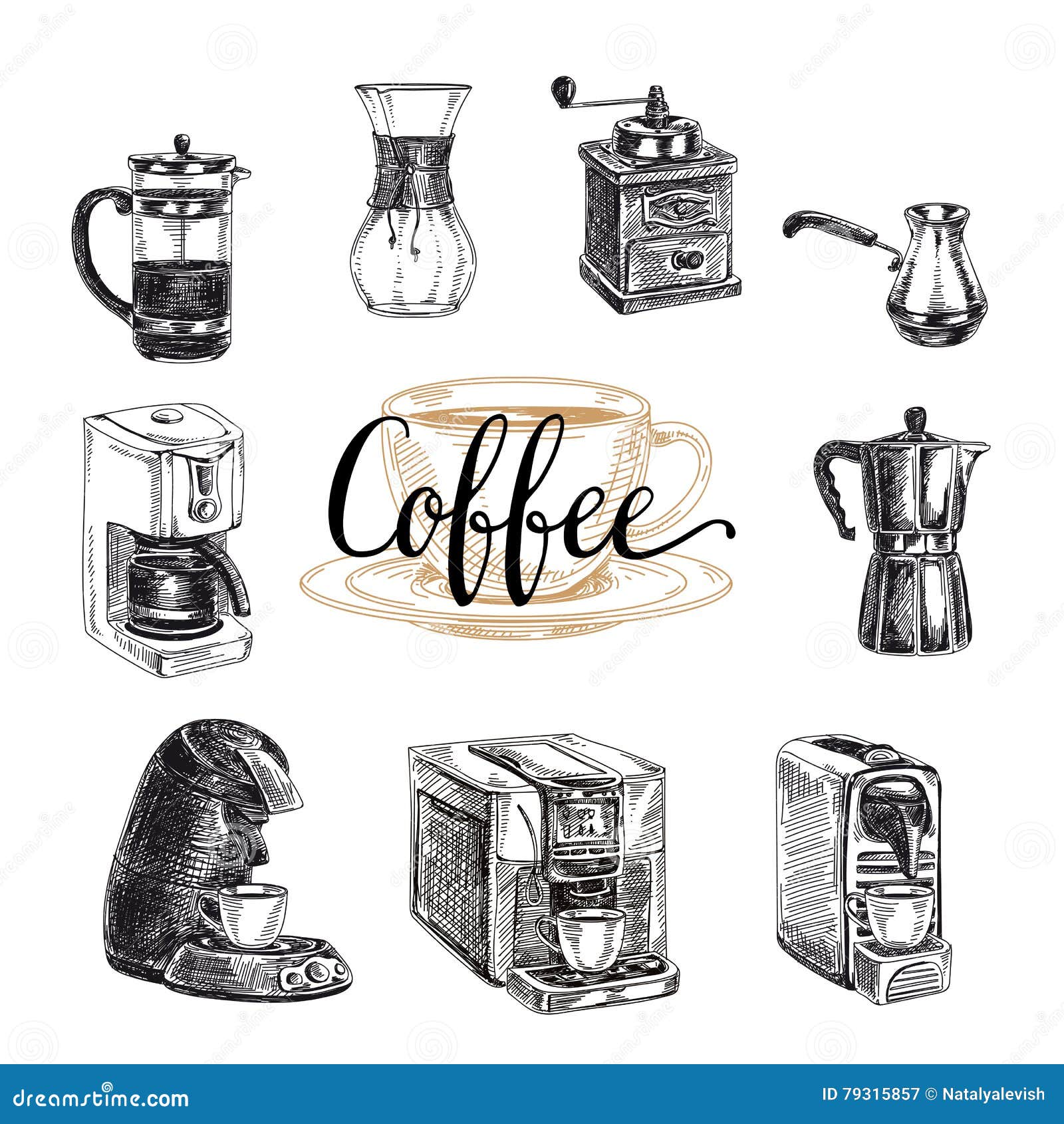 Vector Hand Drawn Coffee Set. Sketch Stock Vector - Illustration of ...