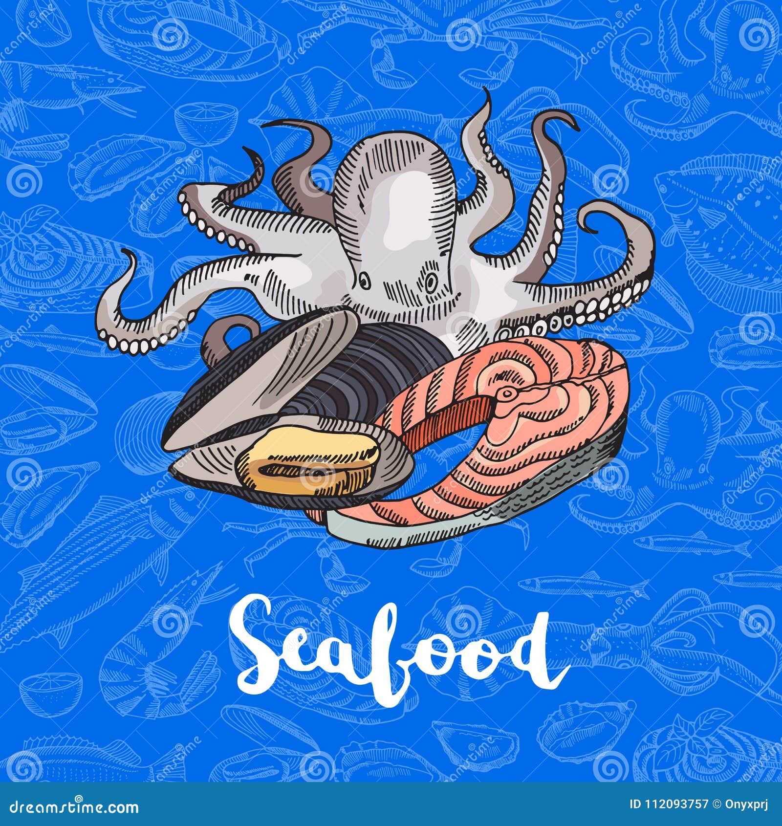 Vector Hand Drawn Colored Seafood Elements Lettering Stock Vector ...