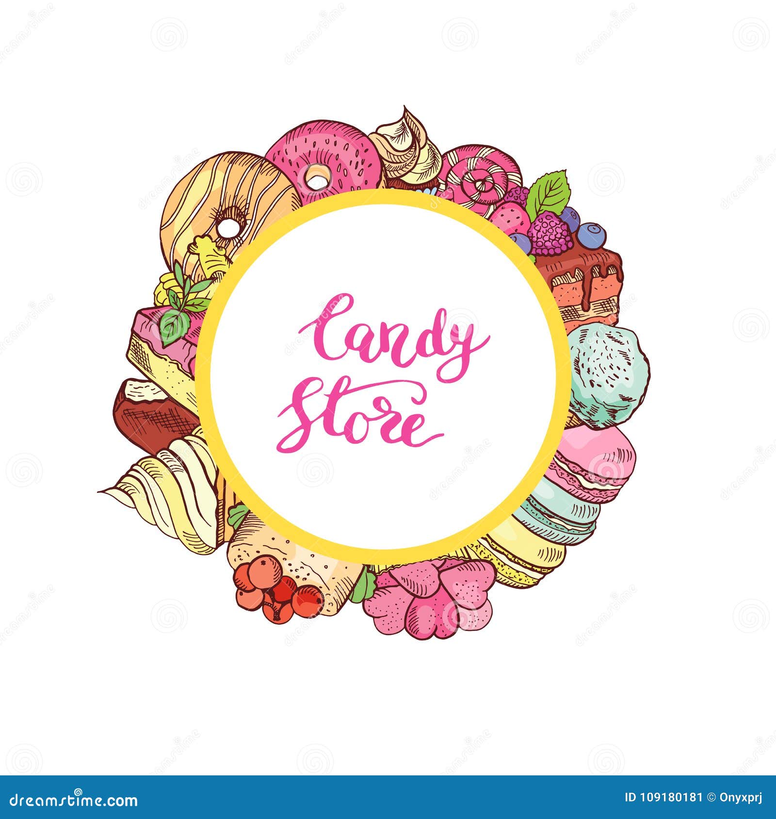 Vector Hand Drawn Colored Sweets Around Circle with Place for Text ...