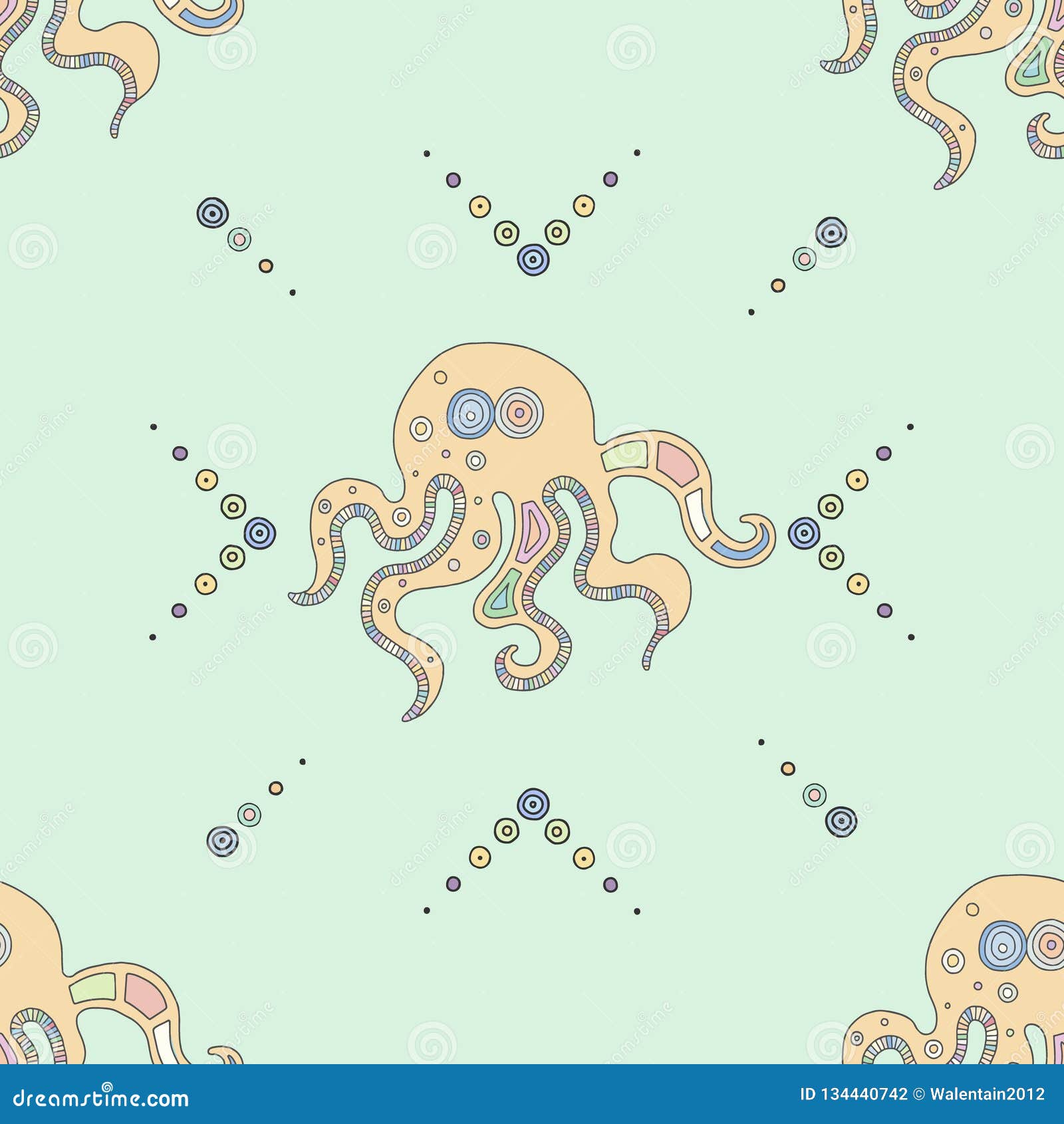 Vector Hand Drawn Colorful Seamless Pattern, Illustration of Octopus ...