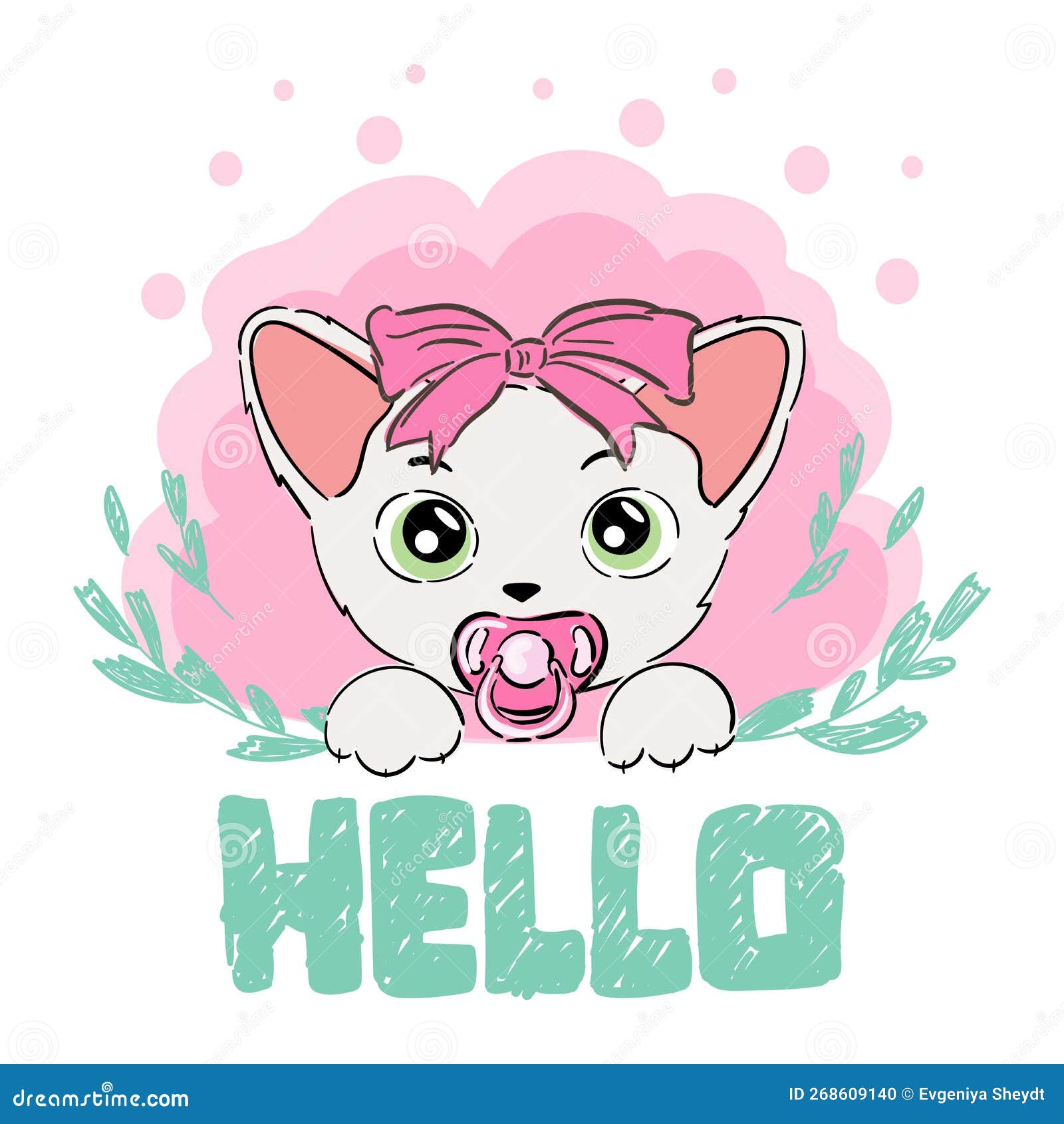 Vector Hand Drawn Cute Cat Face Saying Hello. Vector Illustration with ...