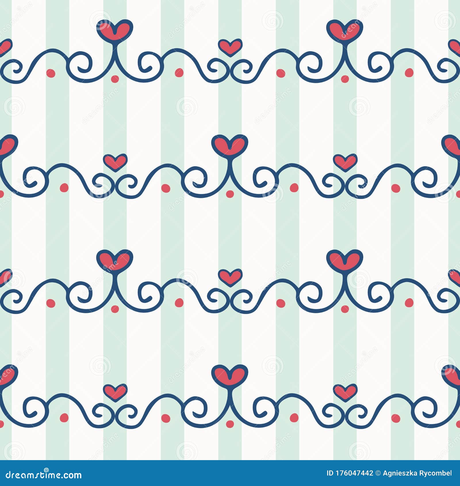 Vector Hand Drawn Cute Heart Chain Border on Stripes Seamless Pattern ...