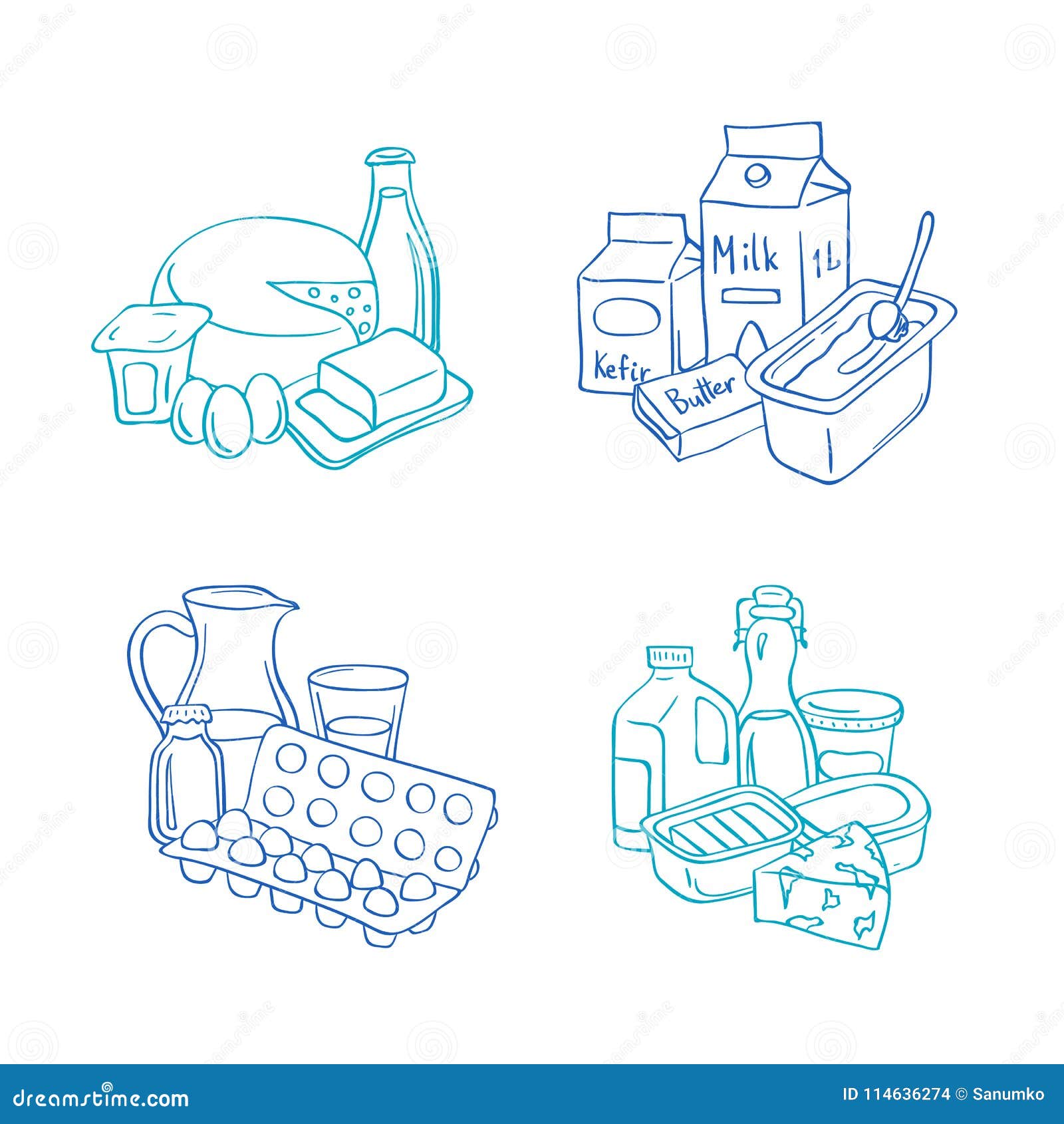Vector Hand Drawn Dairy Elements In Piles Isolated On White Background