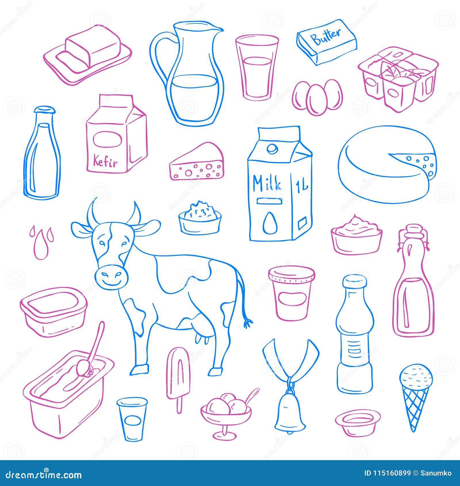 Vector Hand Drawn Dairy Elements Set Isolated On White Background Stock