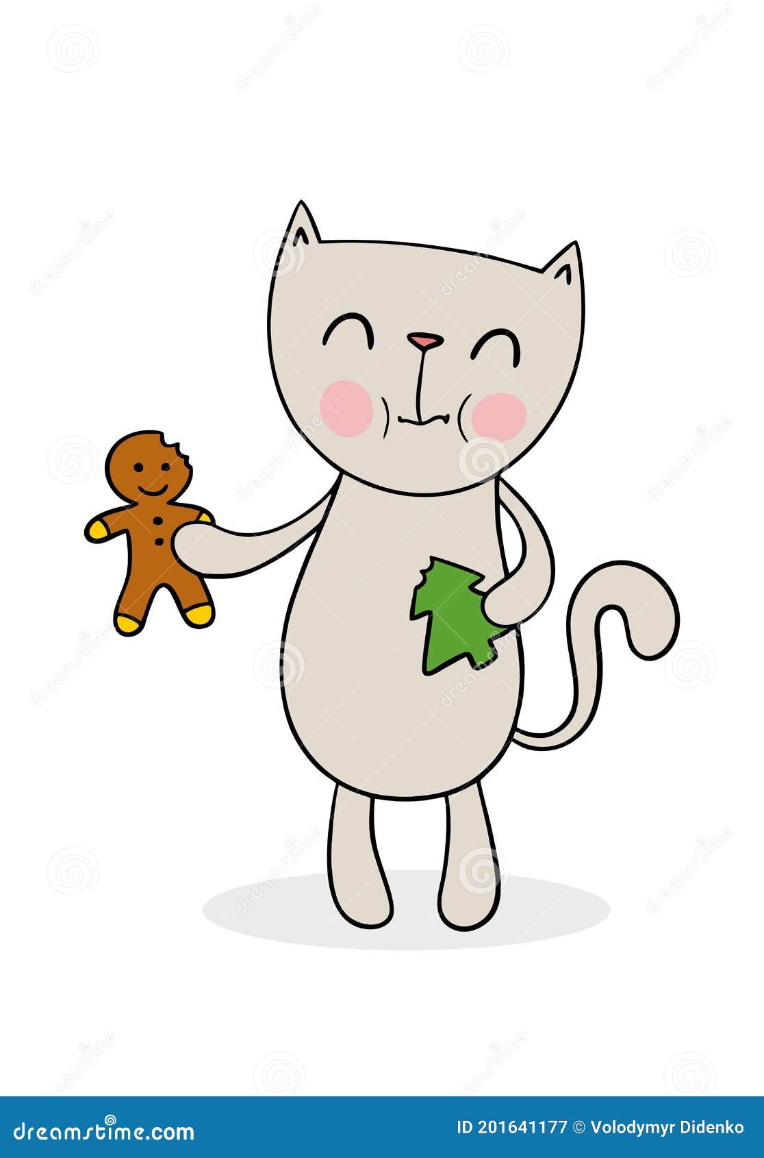 Cute Cat Eating Ginger Bread. Happy New Year and Christmas Flat Vector ...