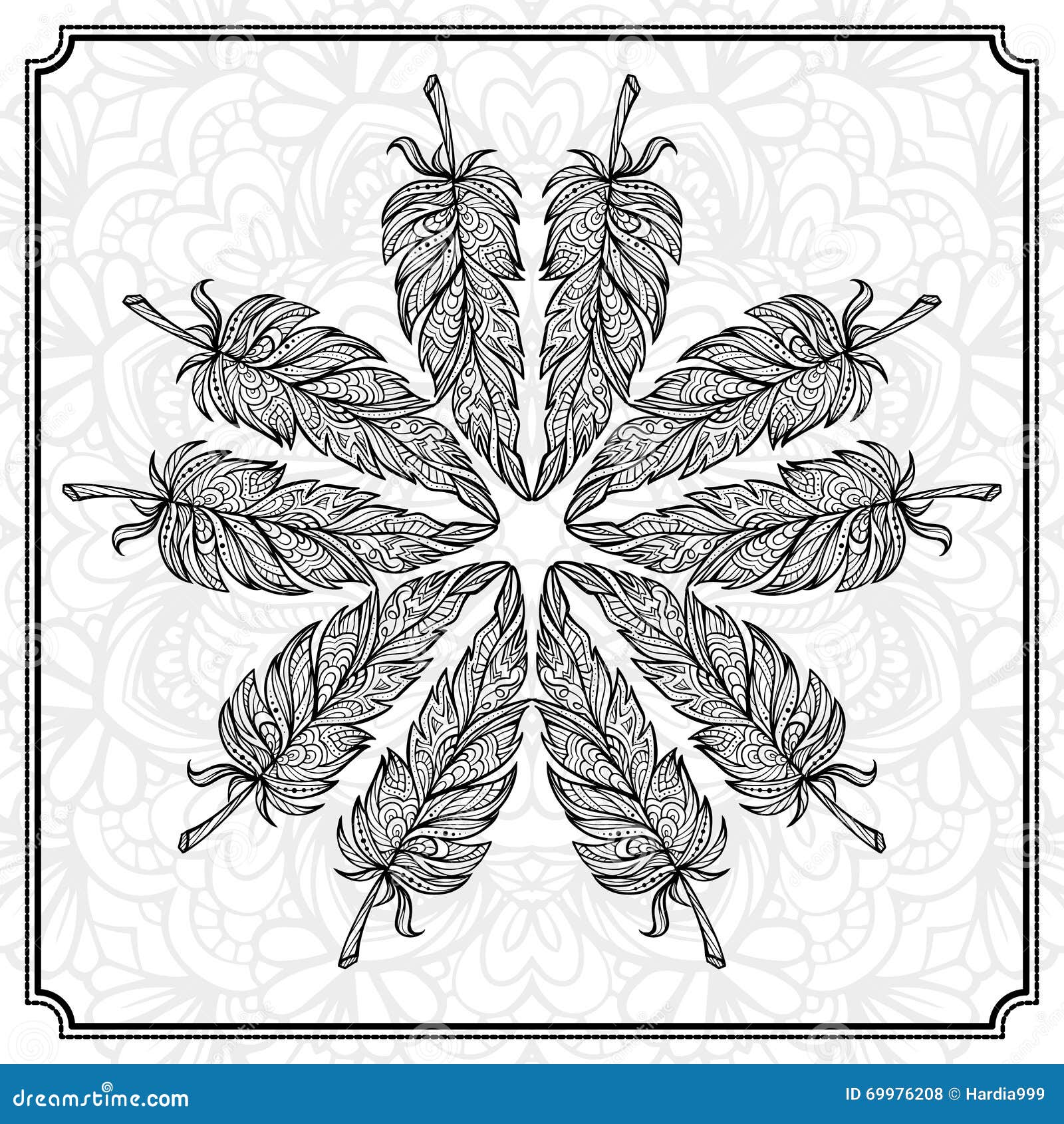 Vector Hand Drawn Feathers Mandala Pattern Stock Vector - Illustration ...