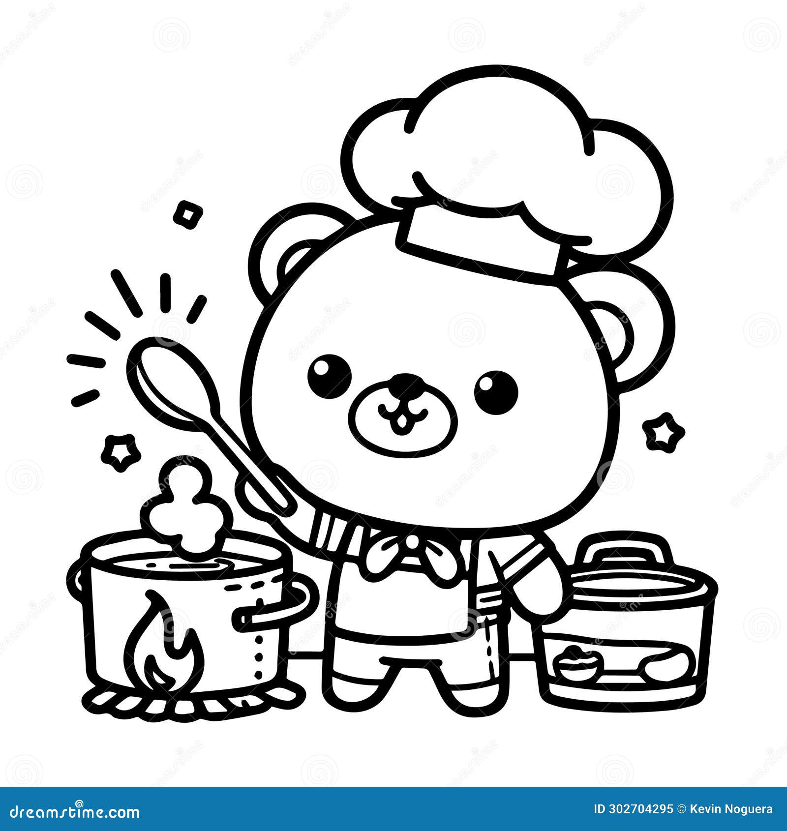 Vector Hand Drawn Flat Design Outline of a Little Bear Cooking Stock ...