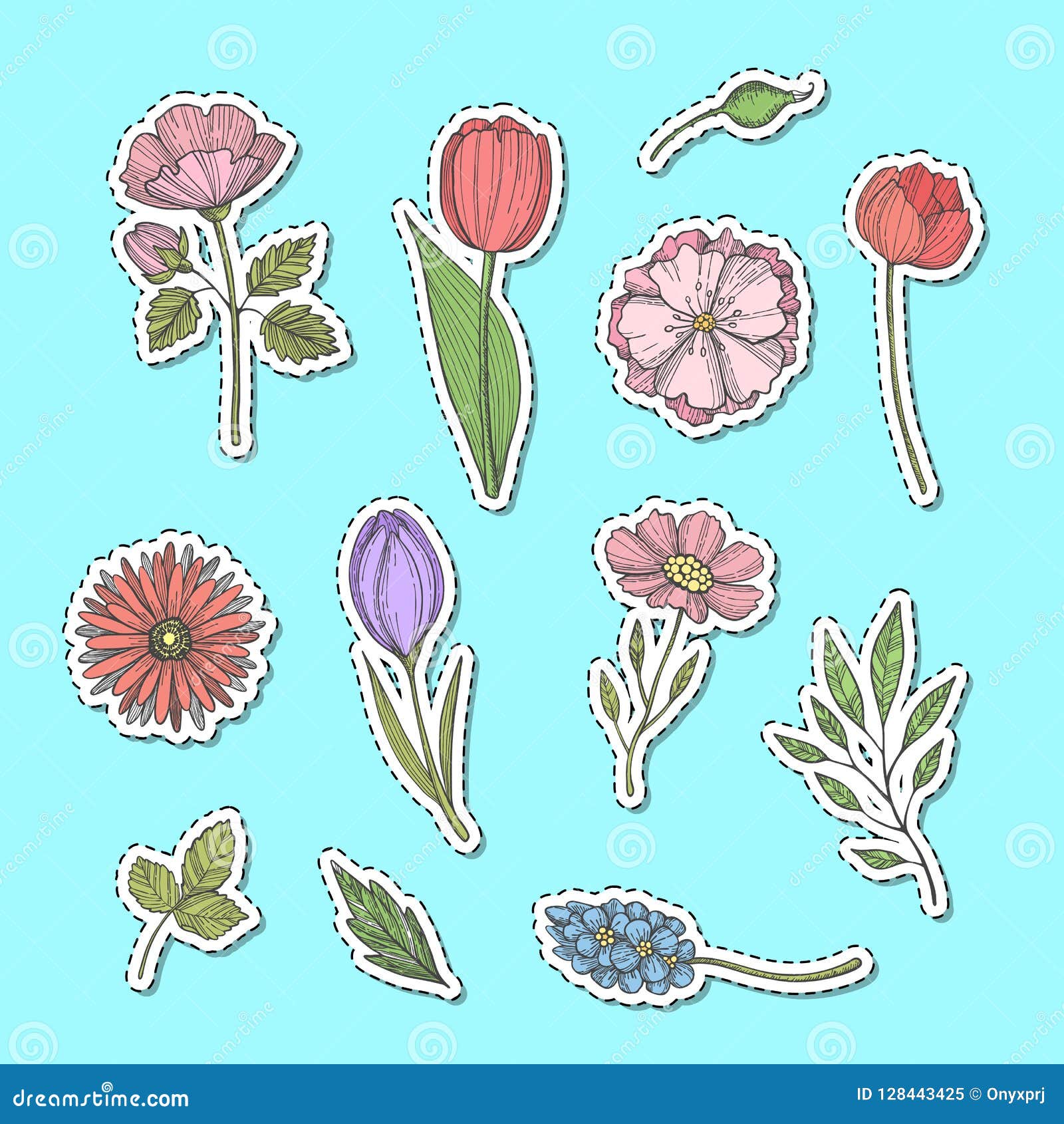 Vector Hand Drawn Flowers Stickers Set Illustration Stock Vector ...