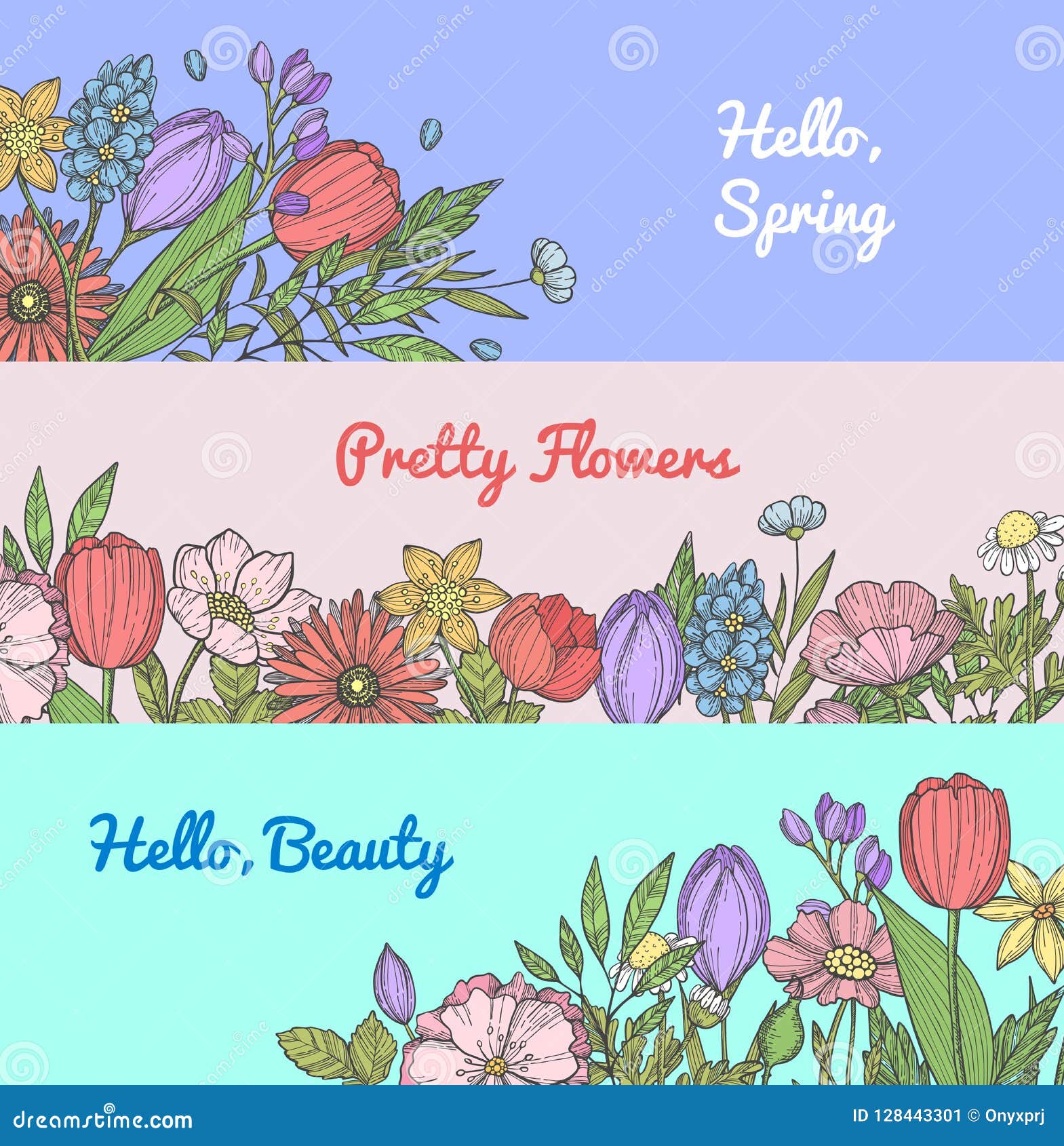Vector Hand Drawn Flowers Web Banner Templates Illustration Stock ...
