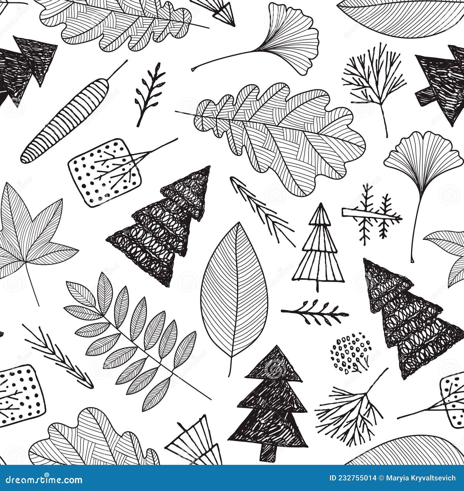 Vector Hand Drawn Forest Seamless Pattern with Autumn Elements Contours ...