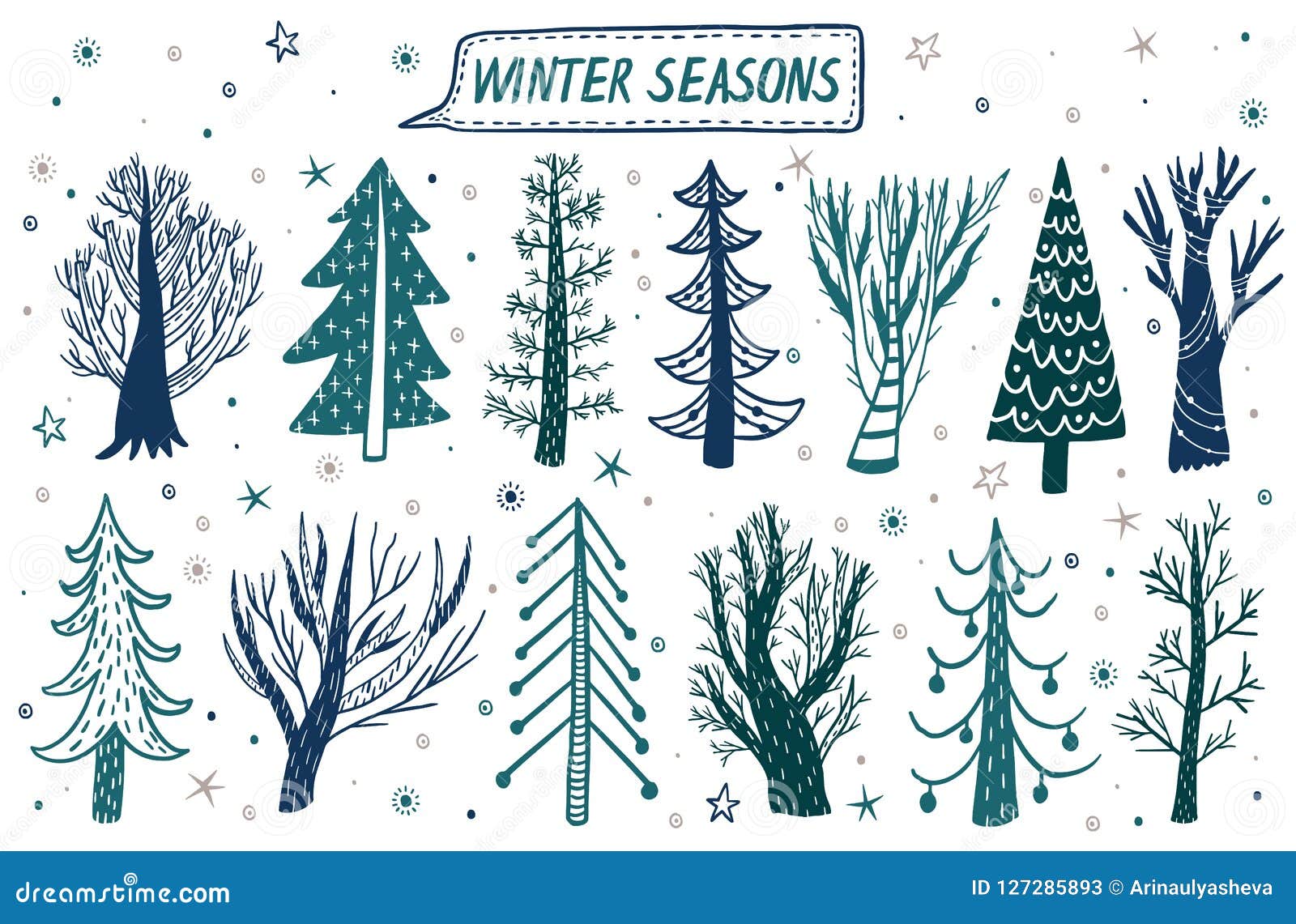 Vector Hand Drawn Forest Tree Winter Set. Elements for the Design of ...
