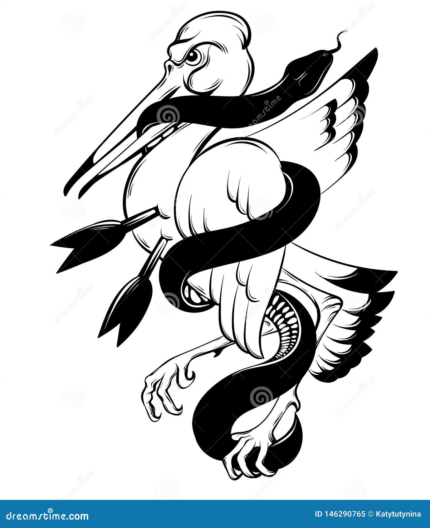 Vector Hand Drawn Illustration of Bird Biting Snake Isolated. Creative ...