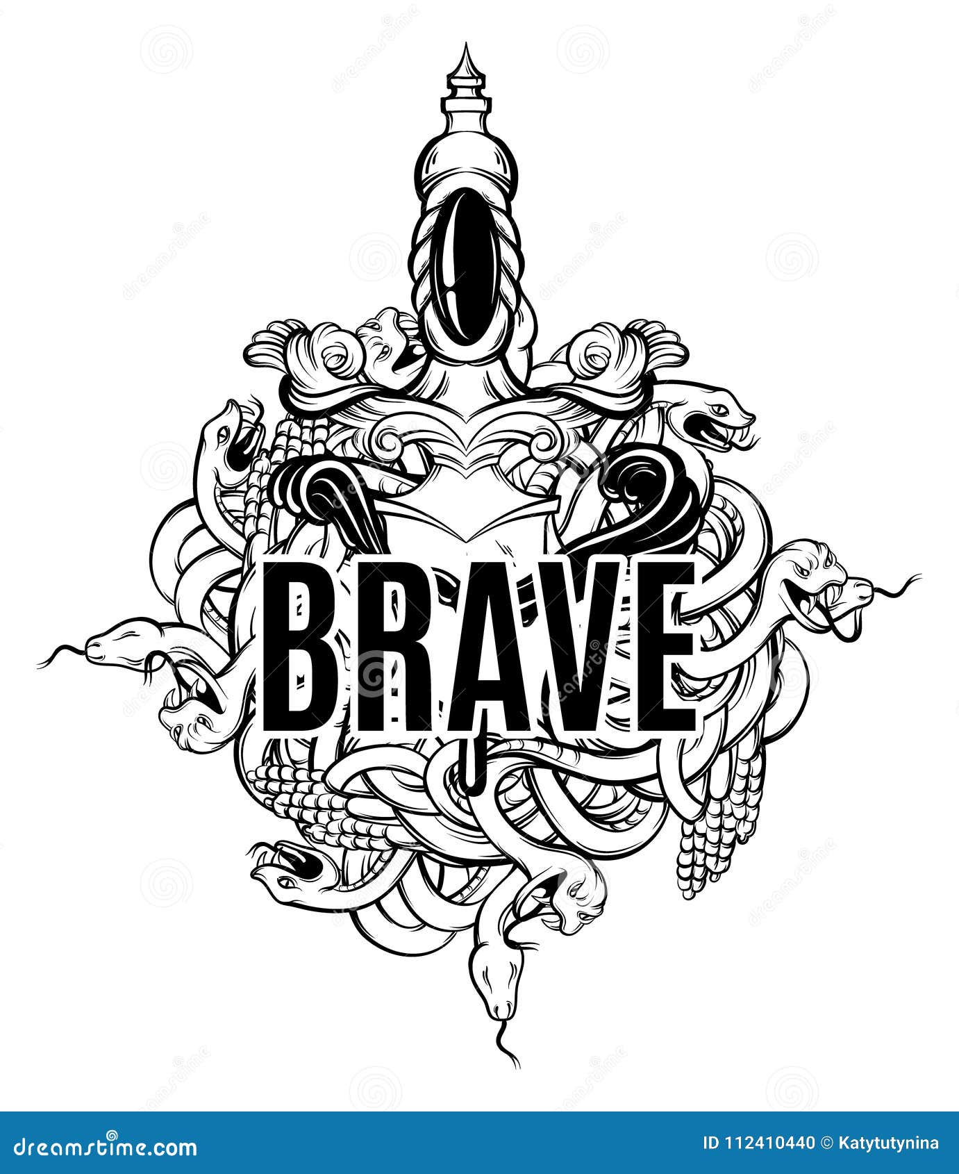 Dagger And Two Snakes In A Shape Of Heart Vector Vintage Style Emblem ...