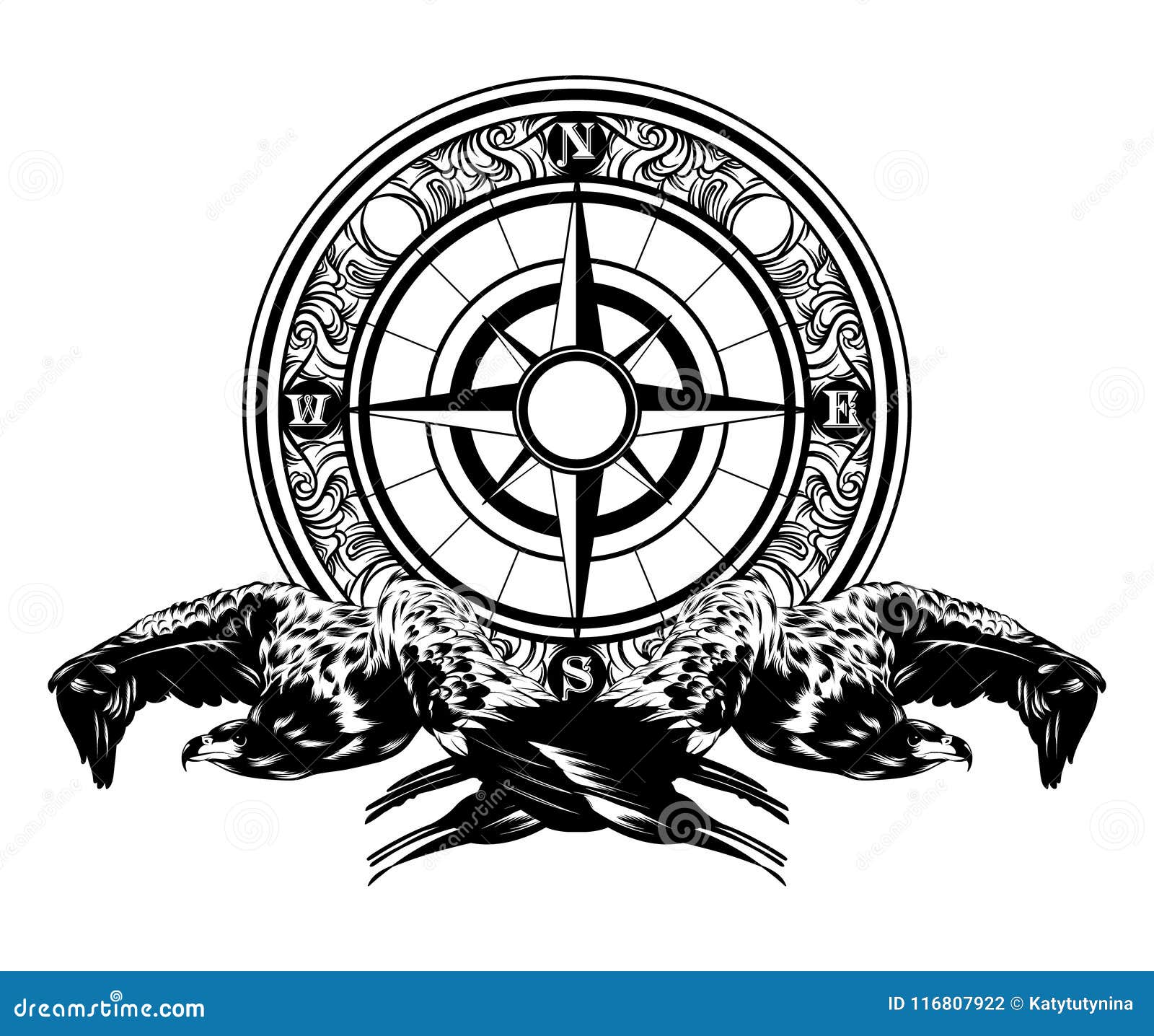 Vector Hand Drawn Illustration of Eagle and Compass Isolated. Stock ...